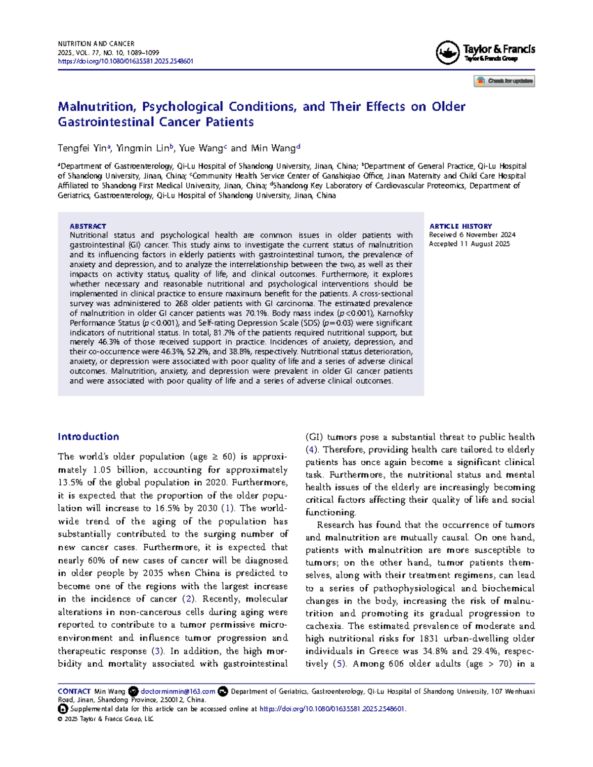 Nutrition and Psychological Health in Older GI Cancer Patients: A Study ...