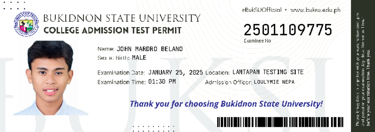 Buk SU Test Permit - JOHN Mardro Belano - BSIT - JOHN MARDRO BELANO ...