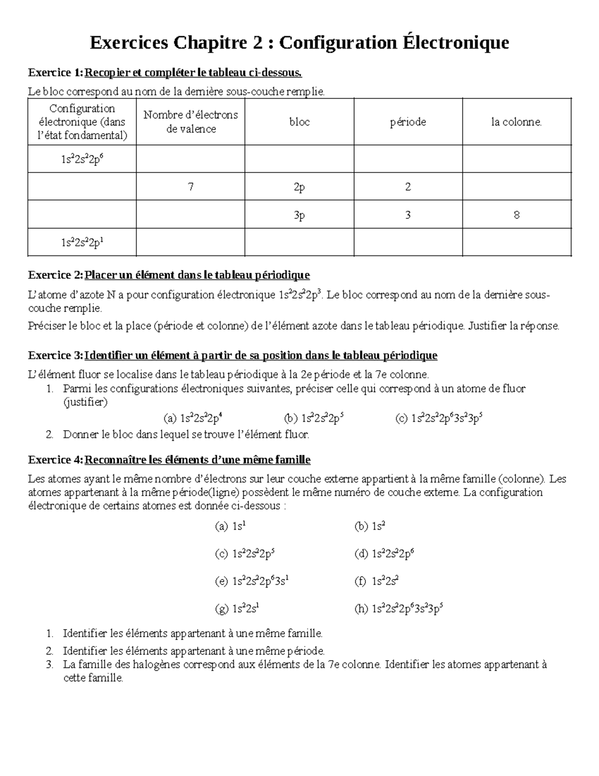 Exercices Ch2: Configuration Électronique et Tableau Périodique - Studocu
