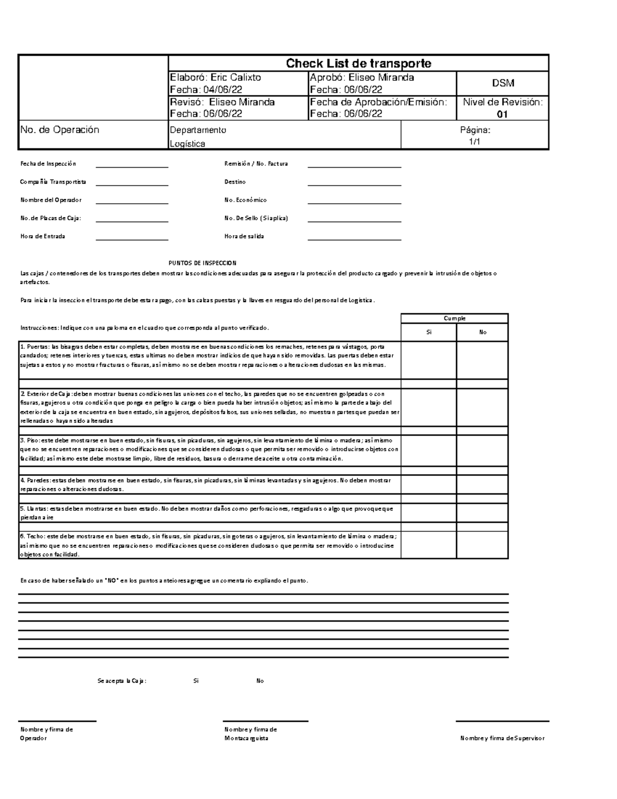 Check List de Transporte CTPAK - Inspección y Requisitos - Studocu