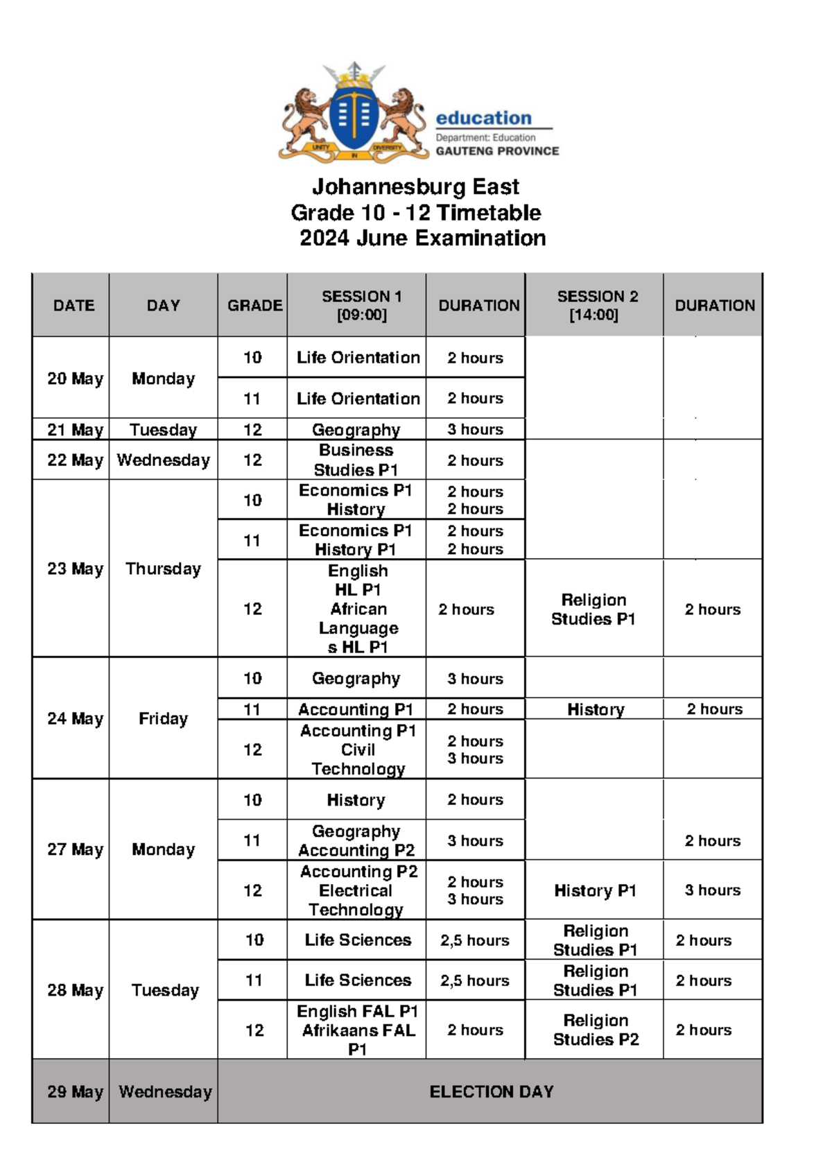 2024 June Common Examinations Timetable - Johannesburg East Grade 10 ...