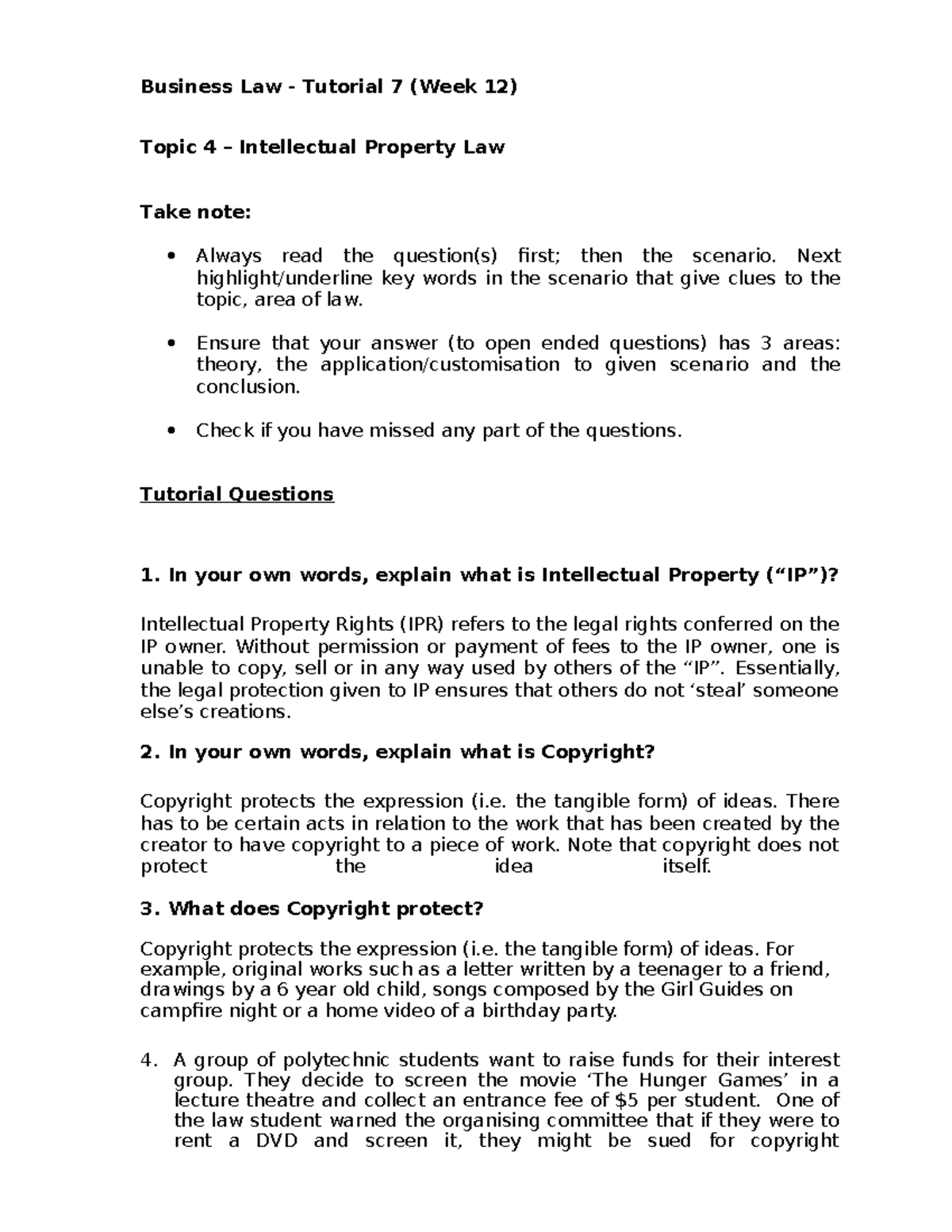 Business Law - Tuts on Intellectual Property Law (Weeks 12-13) - Studocu
