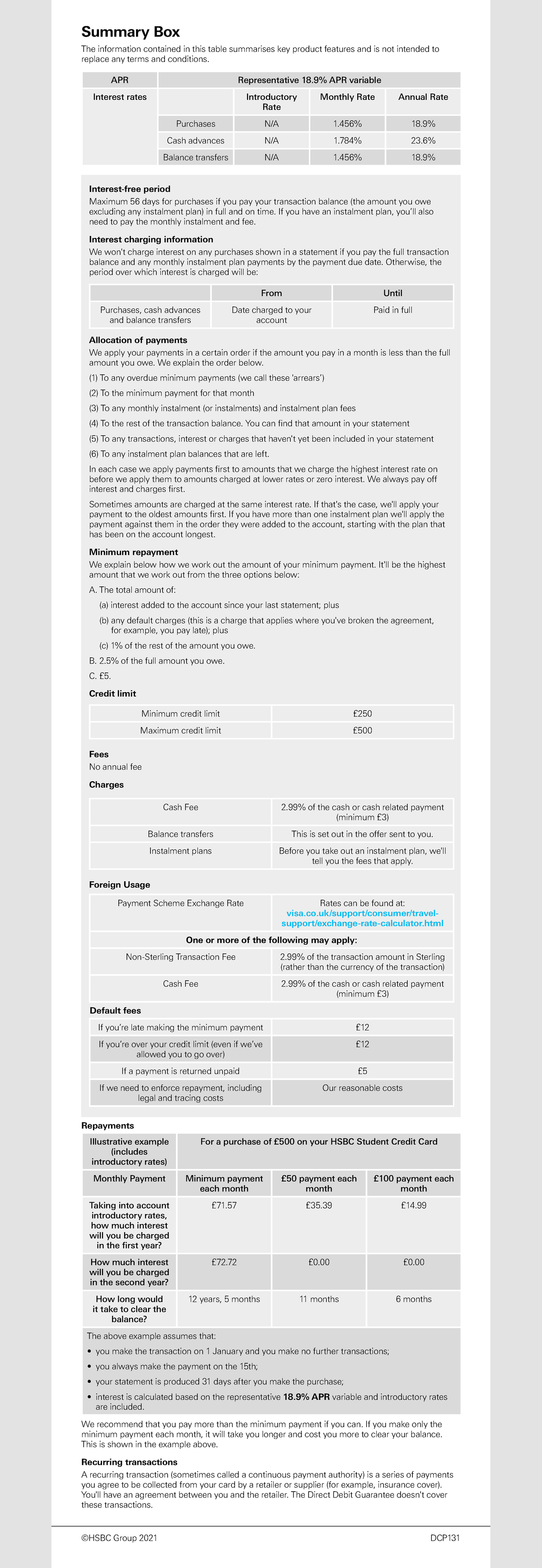 Summary box student credit card - Summary Box The information contained ...