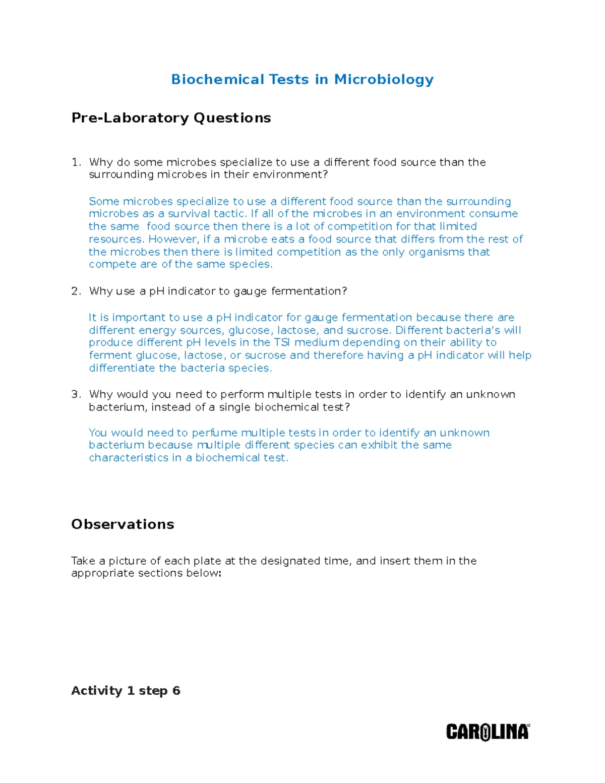 Biochemical Tests in Microbiology answer sheet - Biochemical Tests in ...