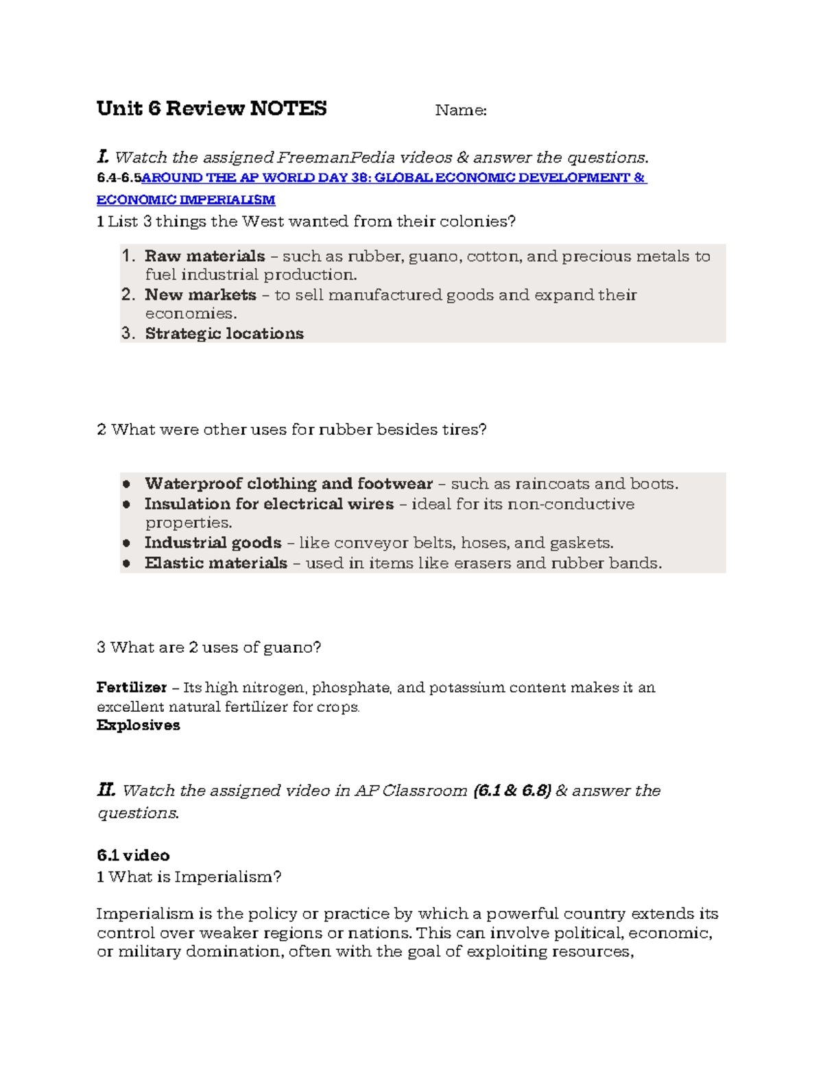 AP World Unit 6 Review Notes: Global Economic Development & Imperialism ...