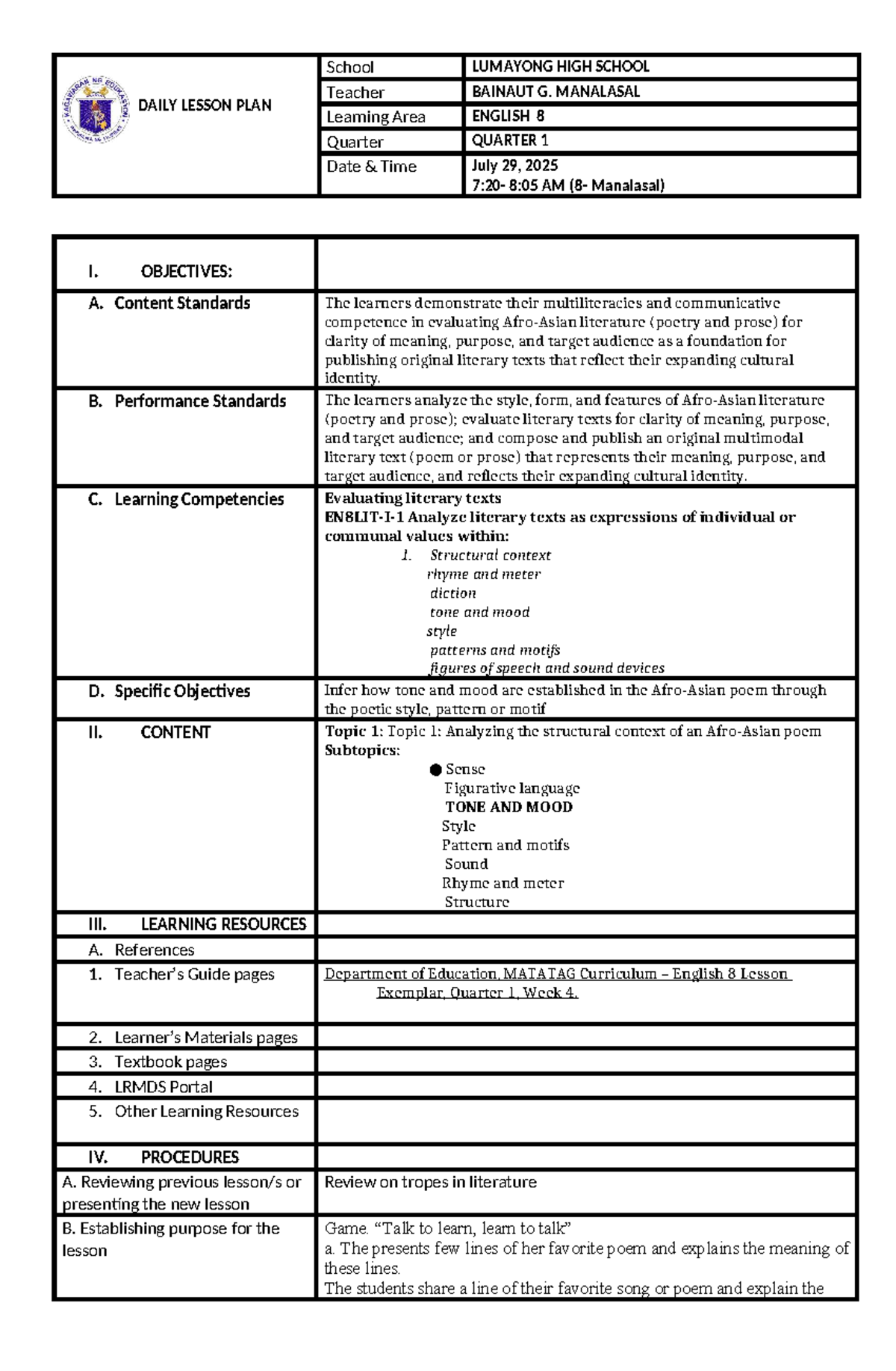 DAILY LESSON PLAN: TONE AND MOOD IN LITERATURE (ENGLISH 8) - Studocu