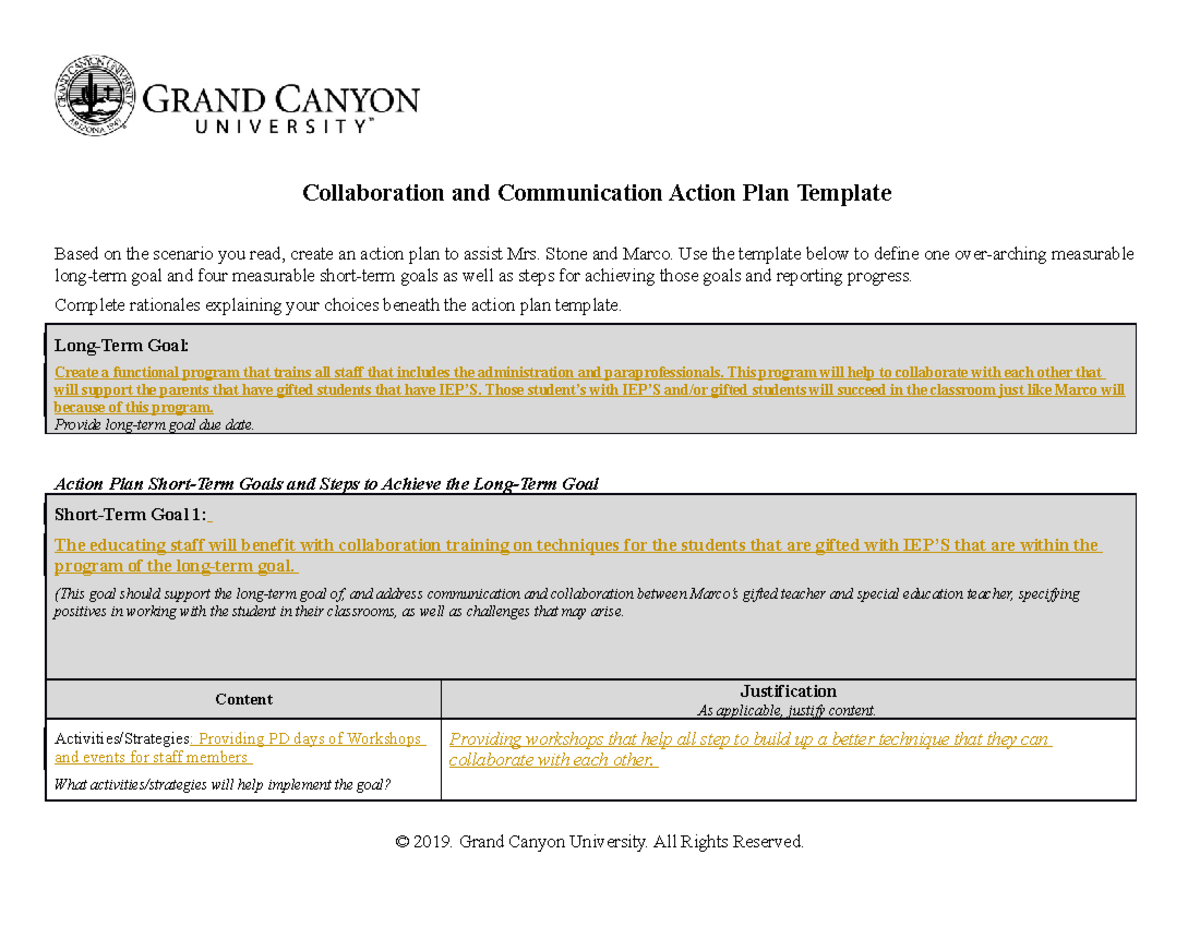 Week 7-Benchmark Action Plan for Collaboration & Communication - Studocu