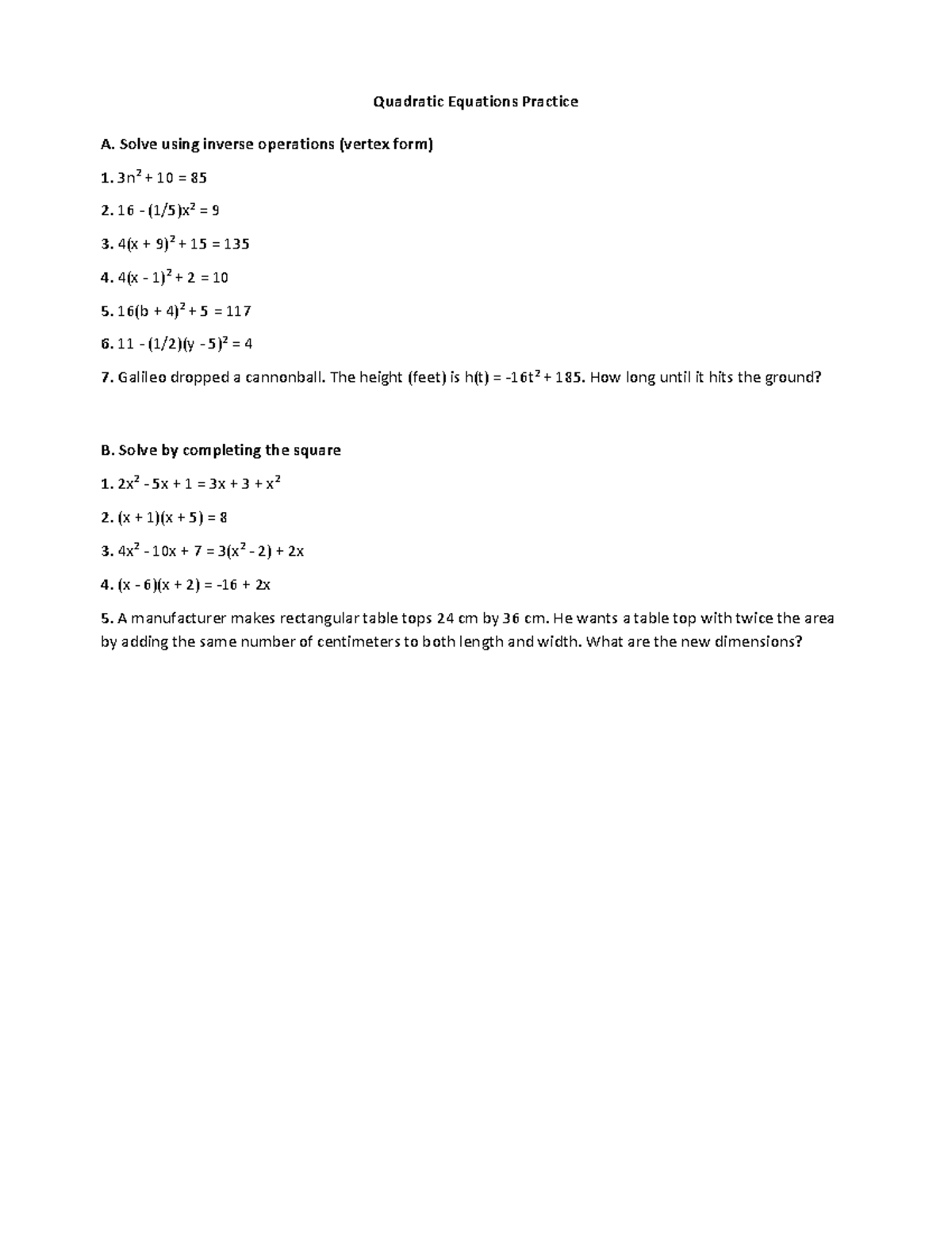 Quadratic Equations Practice A & B: Inverse Ops & Completing Square ...