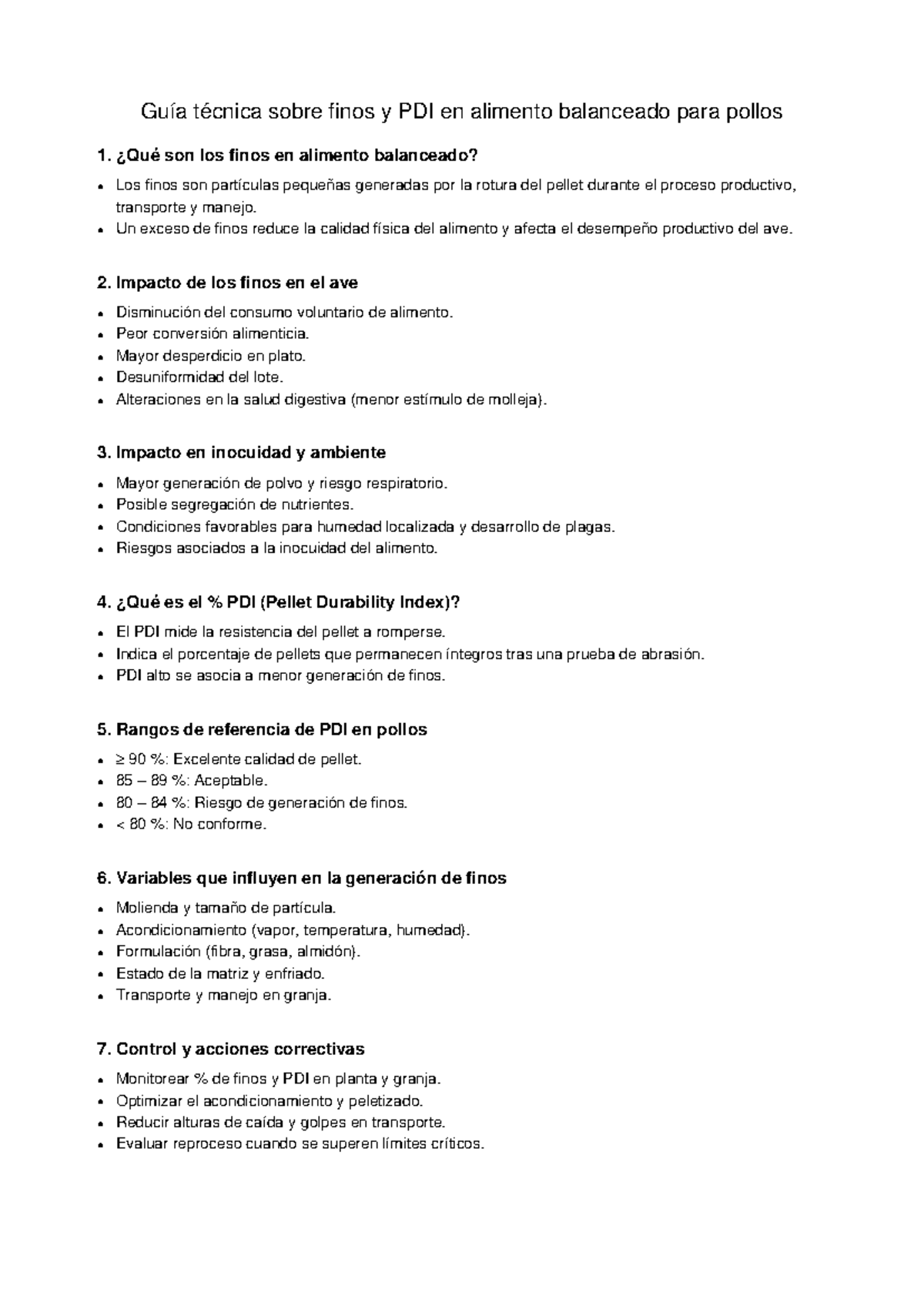 Guía Técnica sobre Finos y PDI en Alimento Balanceado para Pollos - Studocu