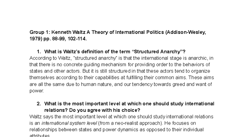 Tutorial 2 IR: Analyzing Waltz, Jervis, and Kindleberger's Theories ...