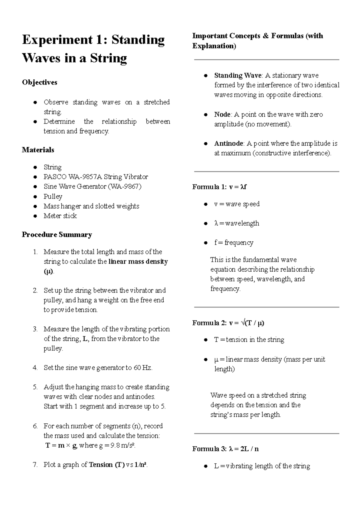 Lbyph 03: Standing Waves, Pendulums, and Refraction Experiments Notes ...