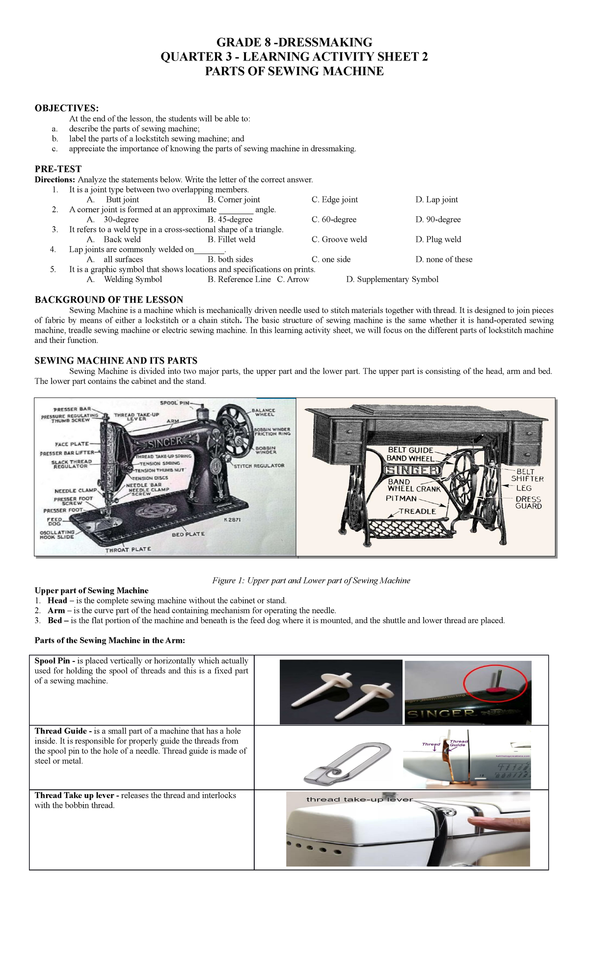 Grade 8 Dressmaking Q3: Sewing Machine Parts Learning Activity Sheet - Studocu