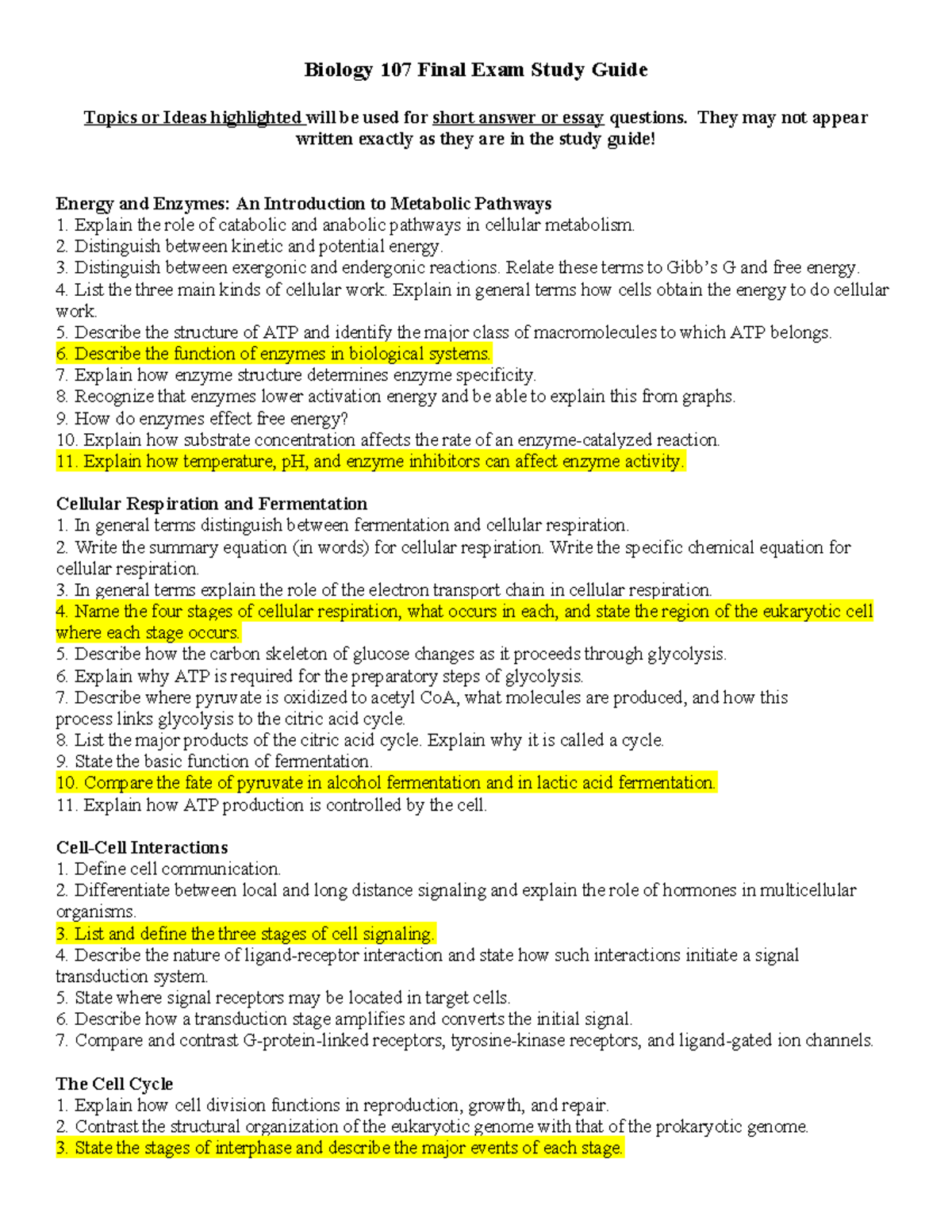 Biology 107 Final Exam Study Guide: Enzymes to DNA Topics - Studocu
