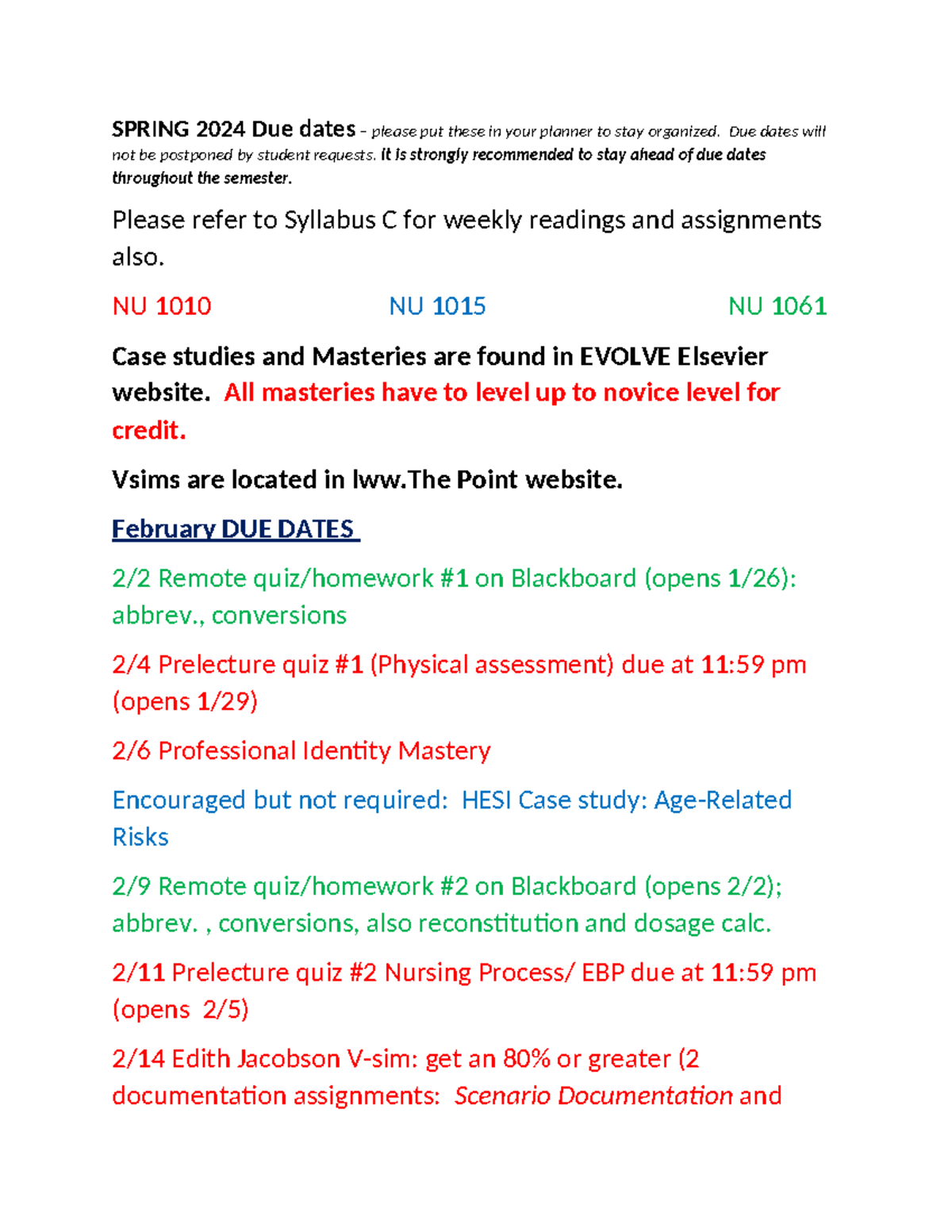 Due Dates for NU 1010, NU 1015, NU 1061 - SPR 24 Semester - Studocu