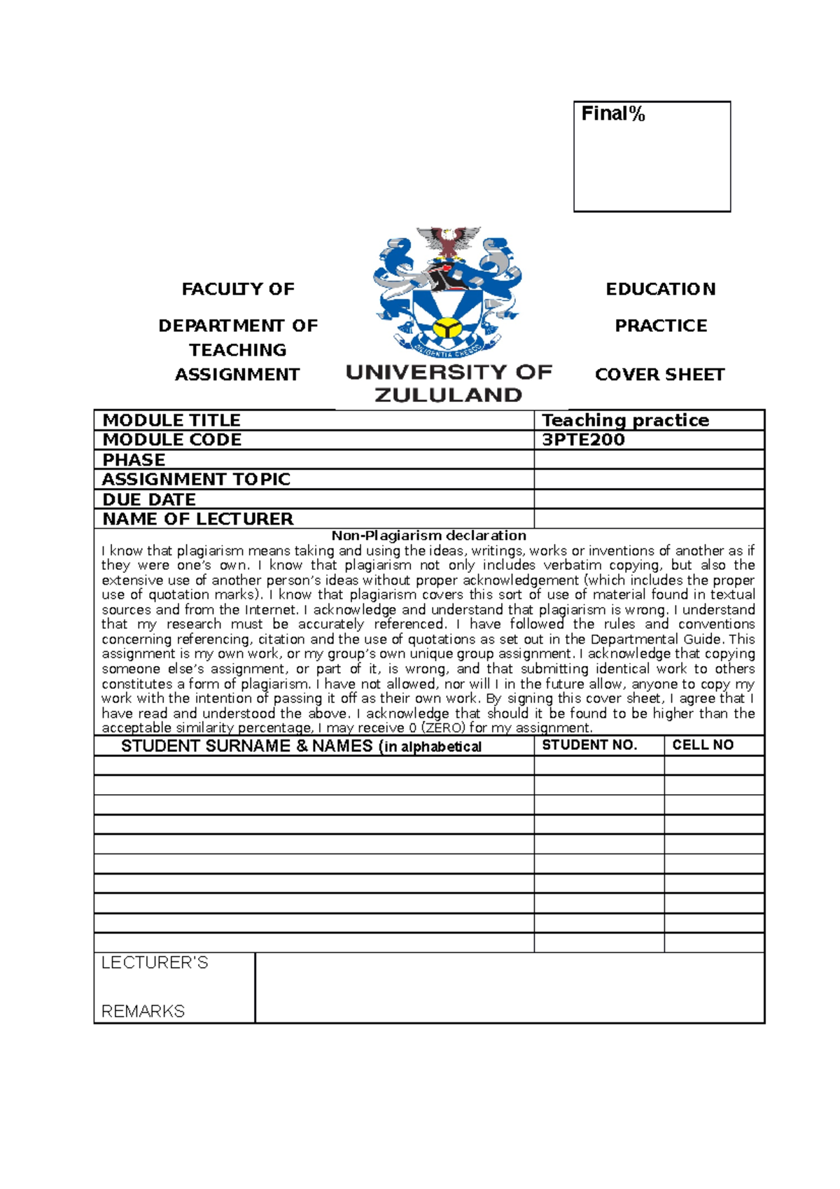Teaching Practice Assignment Cover Page (Module Code: 3PTE) - Studocu