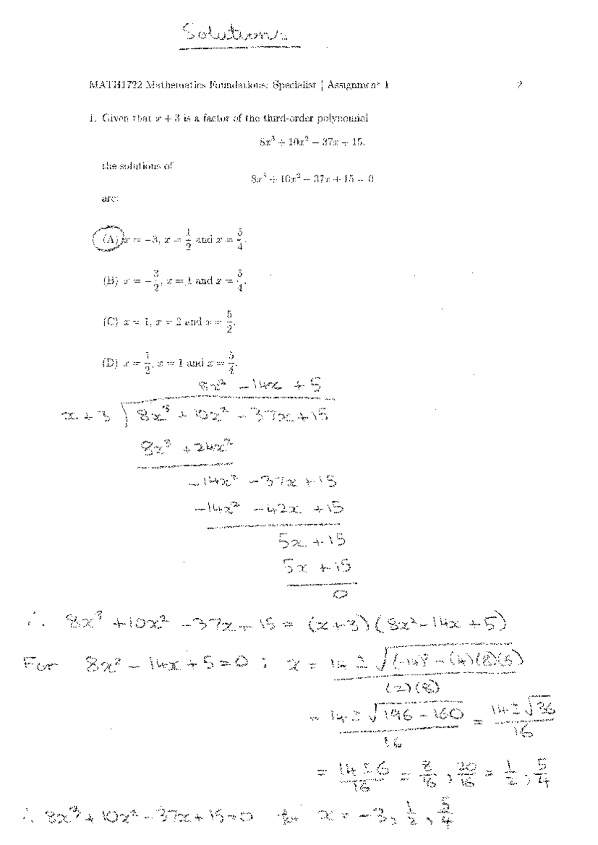 MATH1722 Mathematics Foundations: Specialist I Assignment 1 Solutions - Studocu