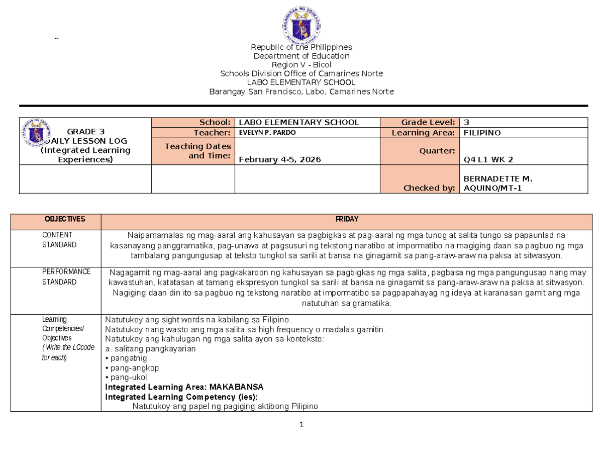 Filipino ILE Daily Lesson Log Q4 L1 WK 2 - Grade 3 - Studocu