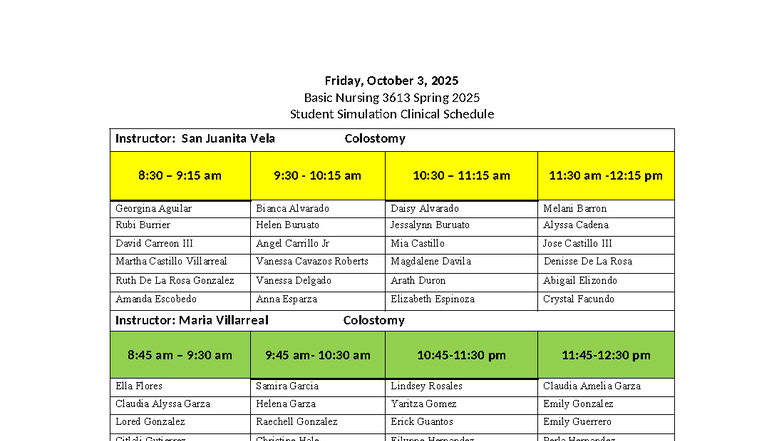 Basic Nursing 3613 Spring 2025 Simulation Clinical Schedule - Studocu