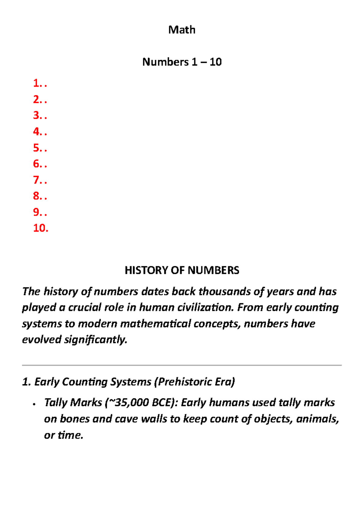 History of Numbers: Evolution & Examples (Math 101 Lecture Notes) - Studocu
