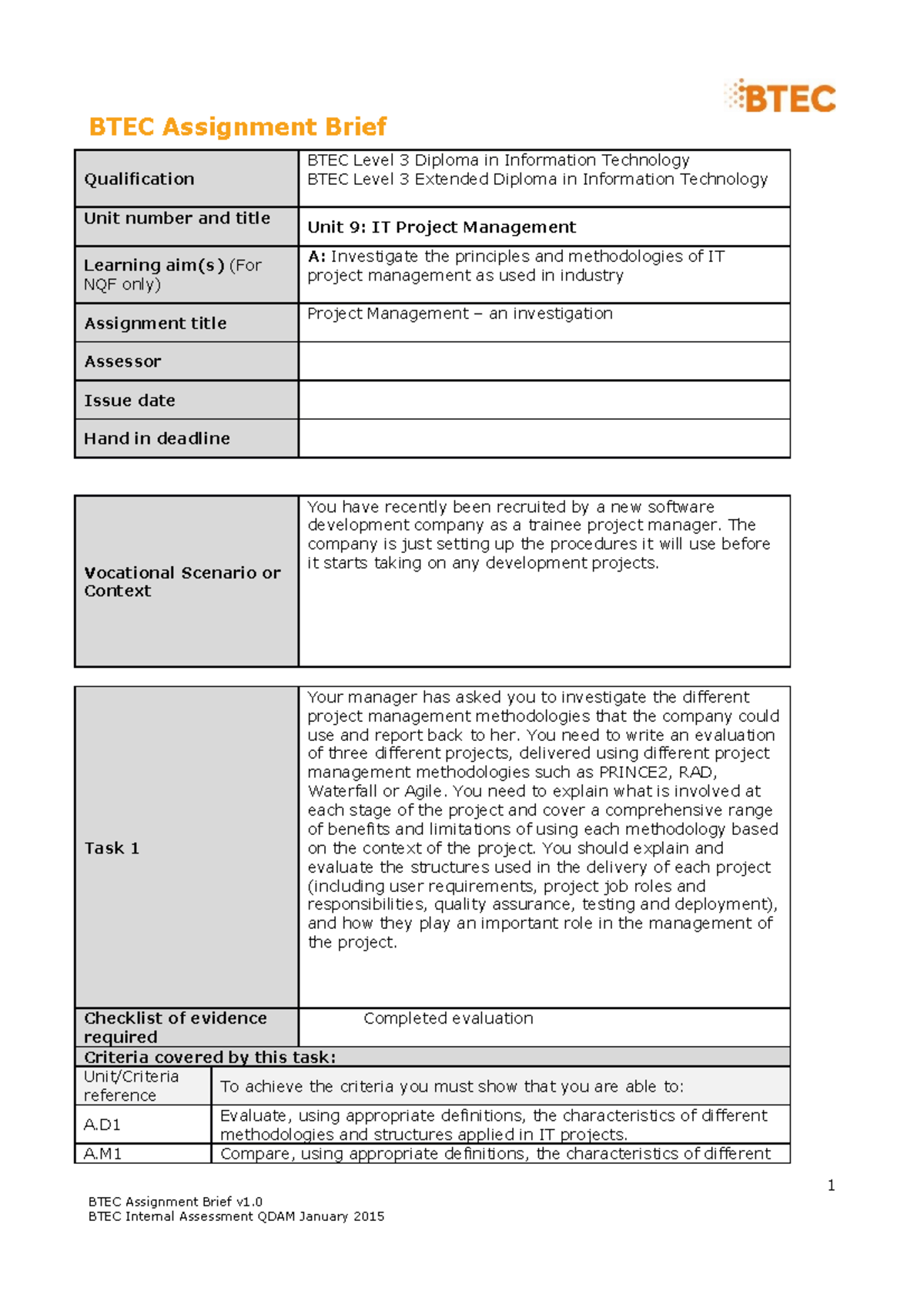 Unit 9: IT Project Management - Assignment Brief for Learning Aim A ...