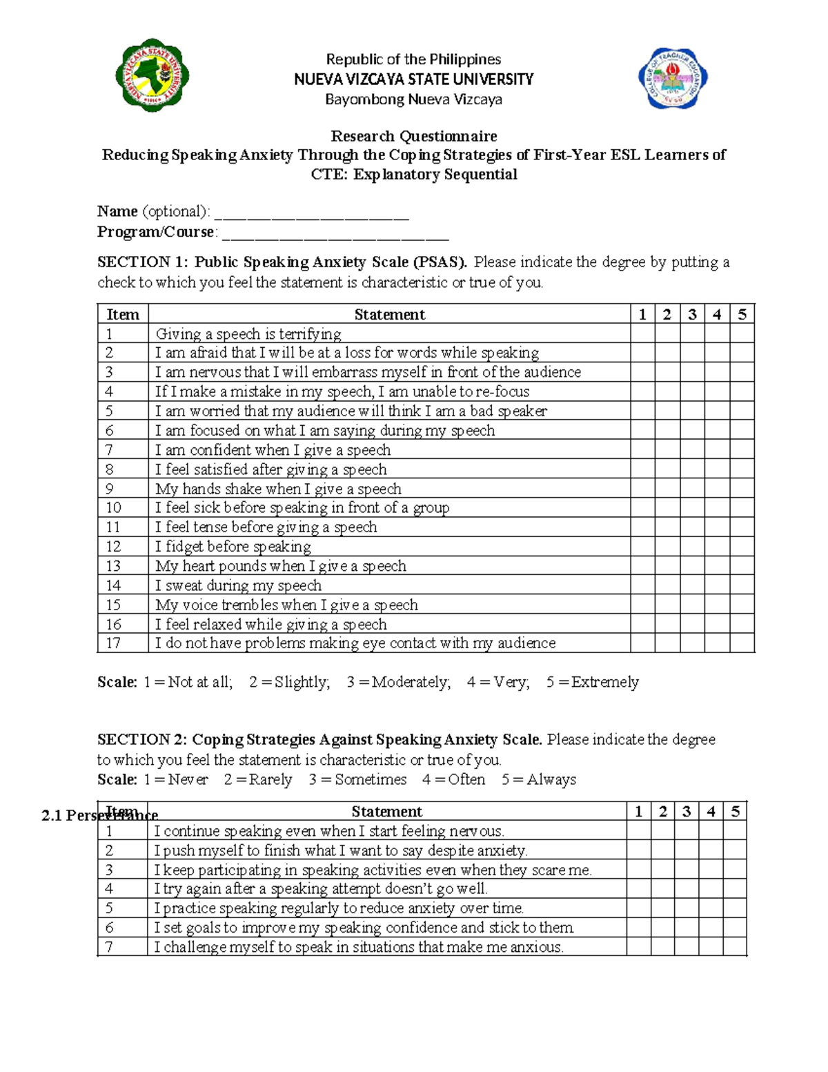 Research Questionnaire on Reducing ESL Speaking Anxiety: CTE - Studocu