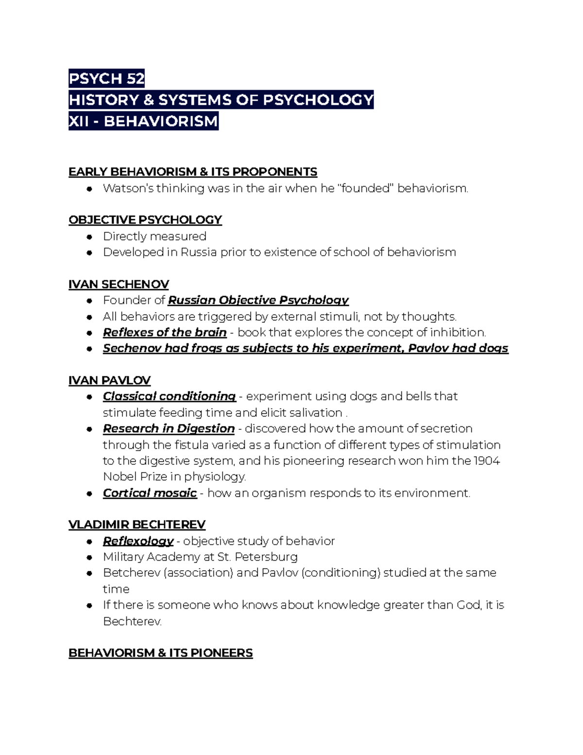 PSYCH 52 Reviewer: Behaviorism & Its Pioneers (Chapters 12 & 13) - Studocu