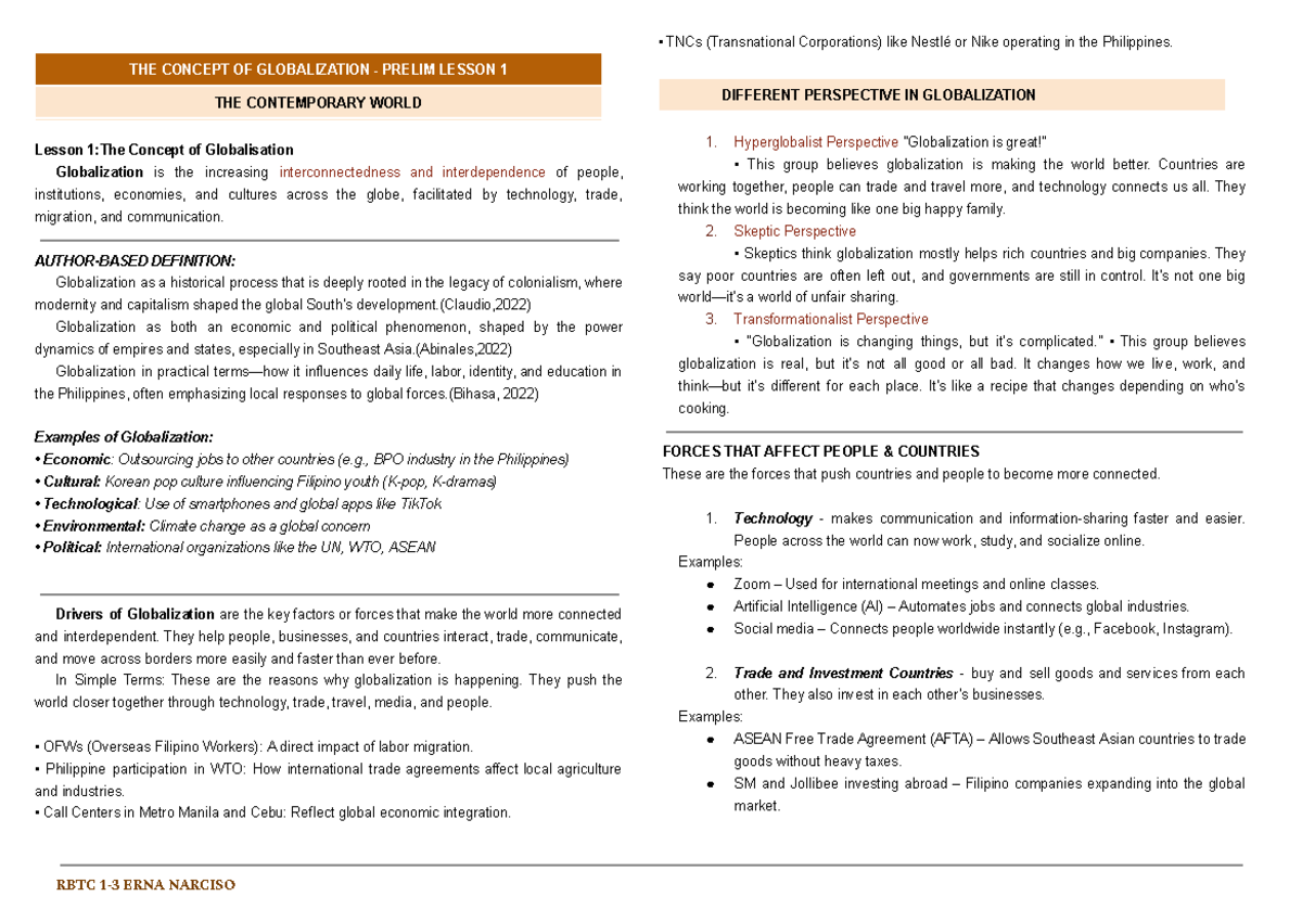TCW Prelim Lectures: Understanding Globalization Perspectives - Studocu