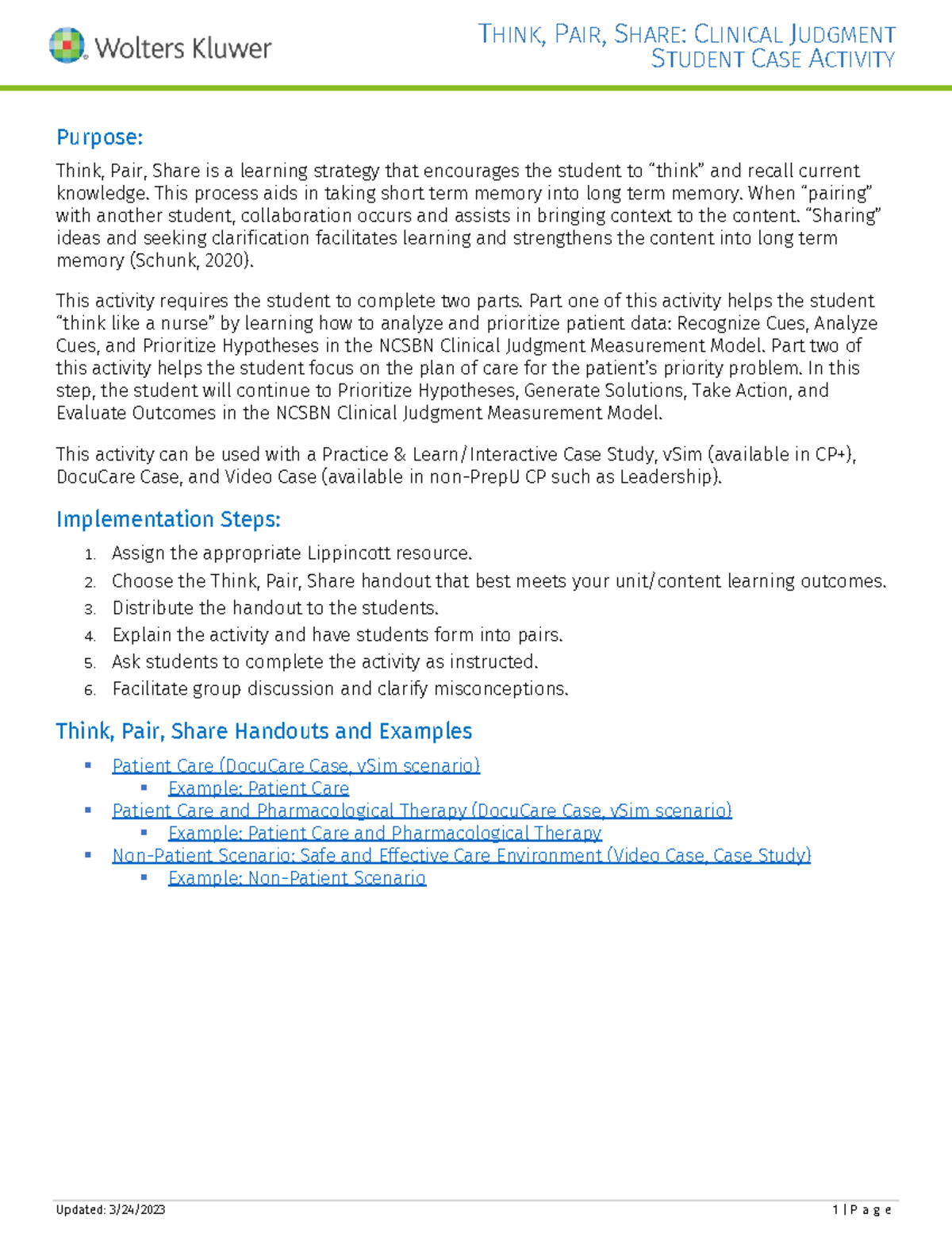 THINK, PAIR, SHARE: CLINICAL JUDGMENT ACTIVITY FOR PATIENT CARE - Studocu
