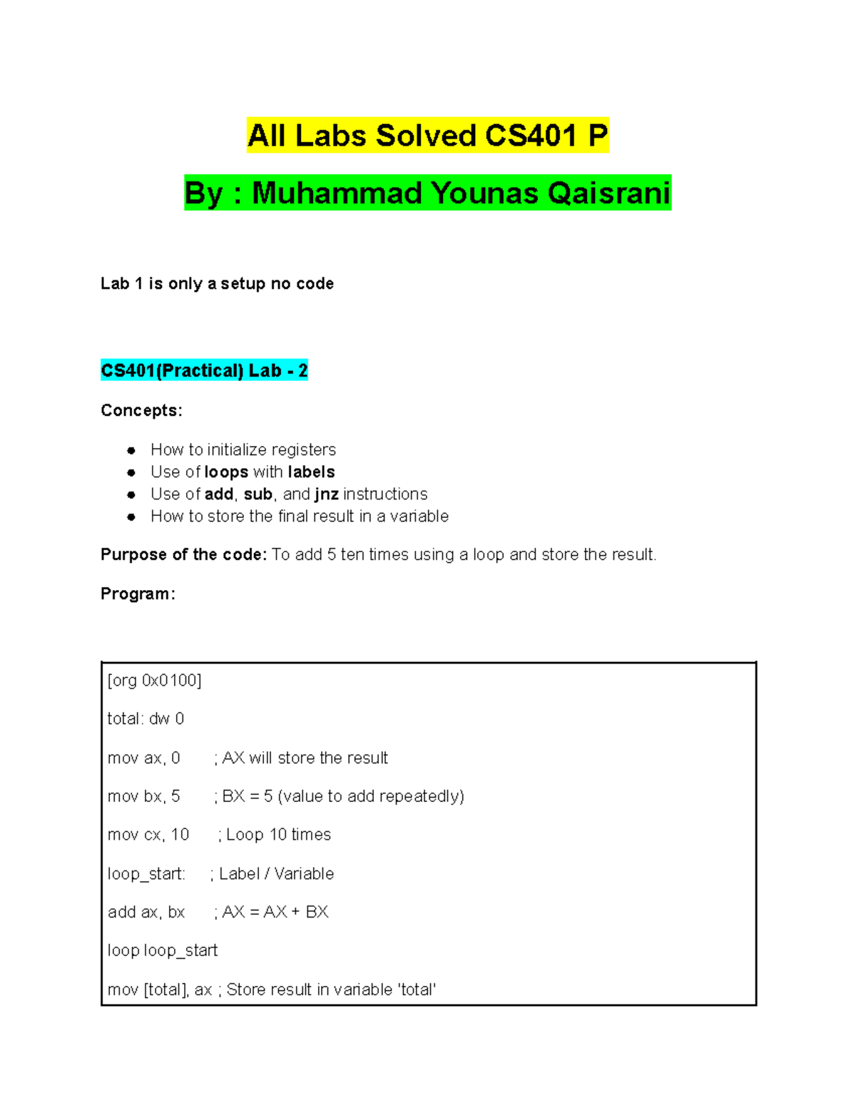 CS401 Practical Labs Overview and Solutions - Studocu