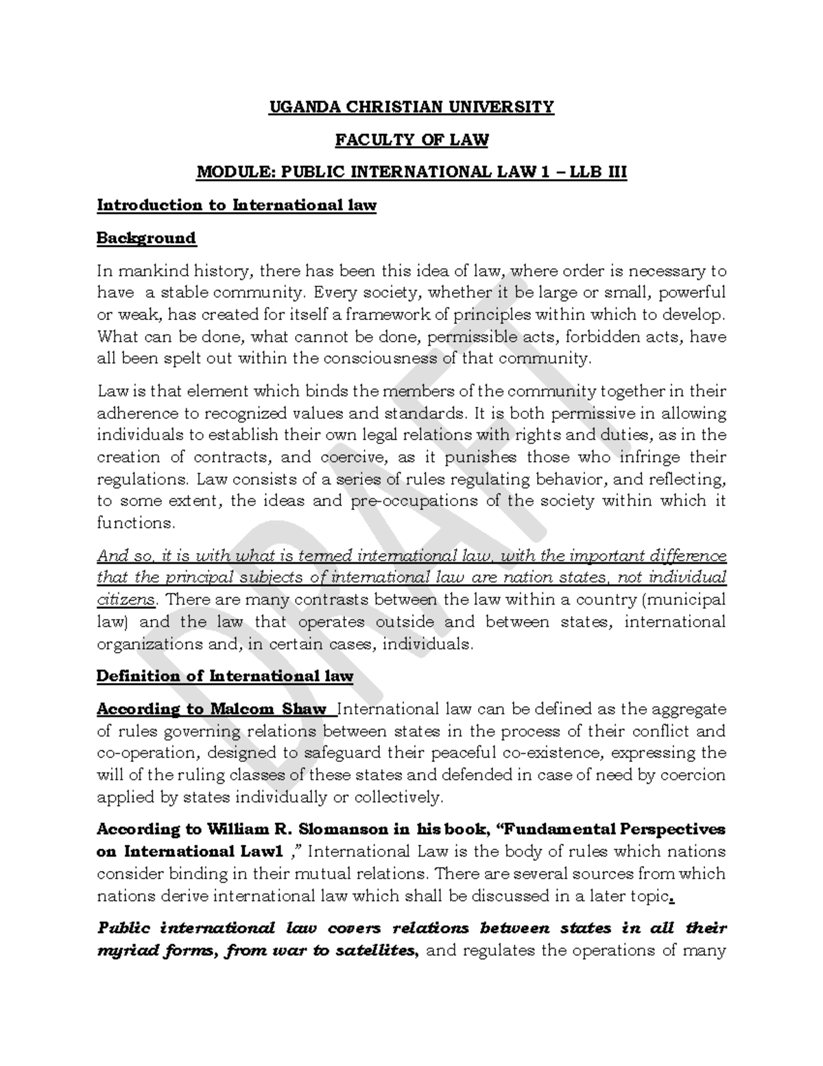 LLB Public International Law 1: Class Guide Notes - Studocu
