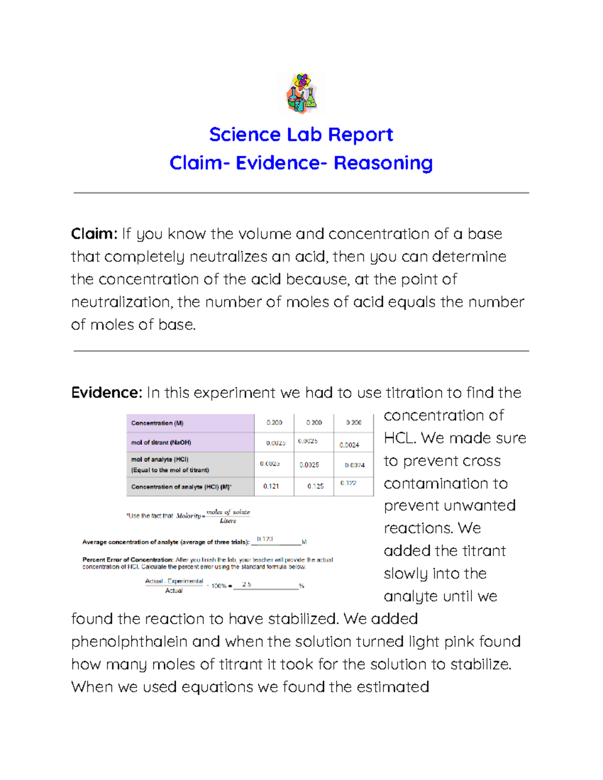 Chemistry Lab Report: Titration Experiment Analysis - Studocu