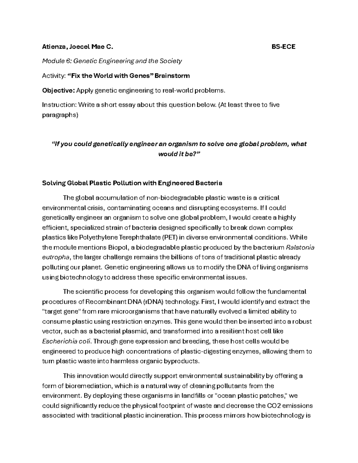 Module 6: Genetic Engineering Activity - Solving Global Plastic ...