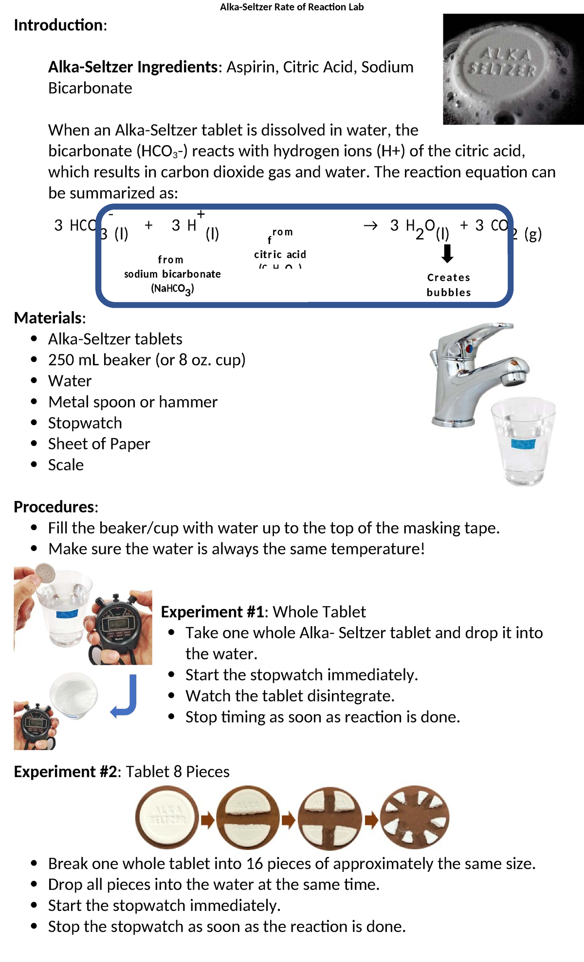 Alka Seltzer Rate of Reaction Lab (Chem 101) - Studocu