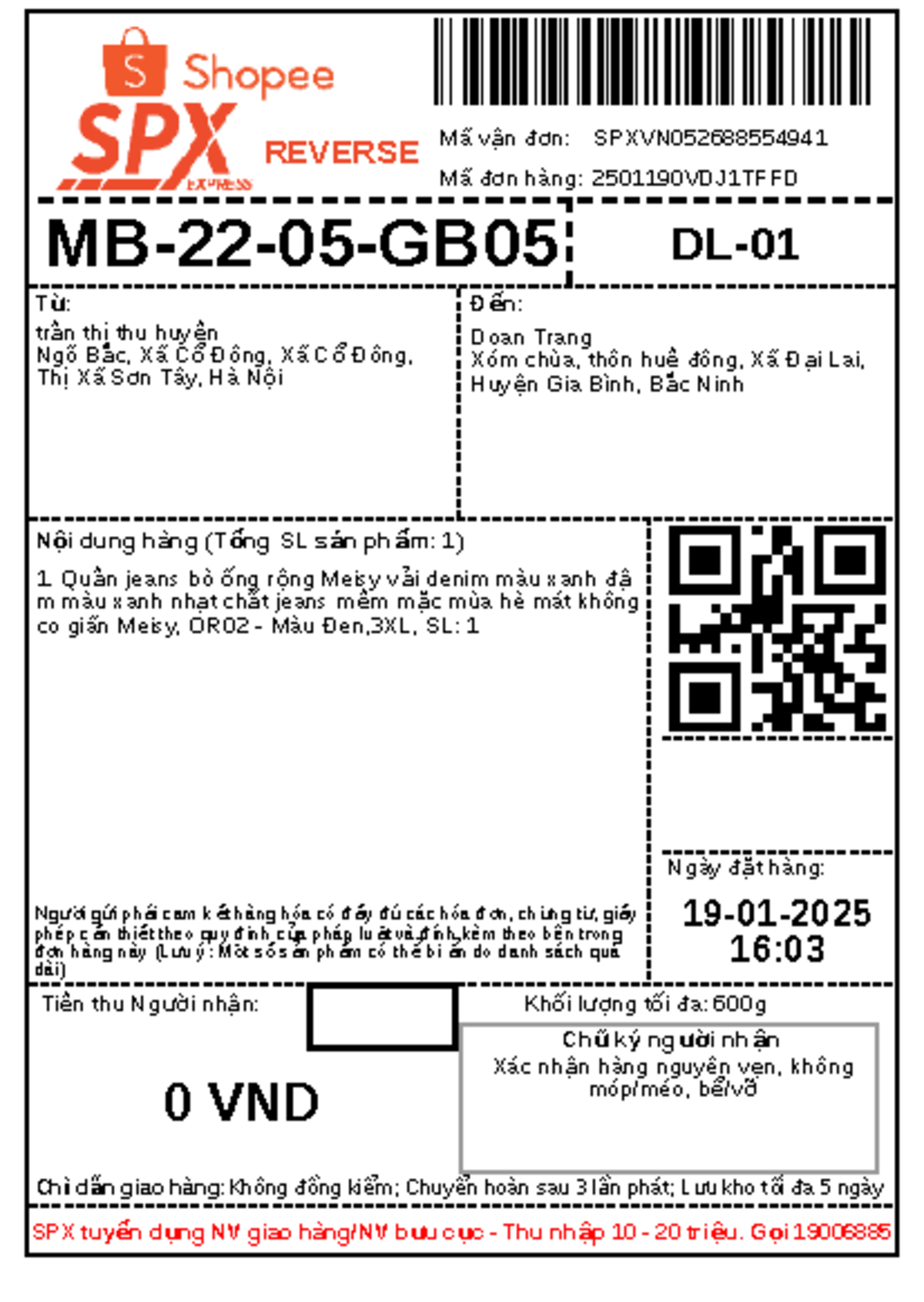 2501190 VDJ1TFFD - 123 - Nội dung hàng (Tổng SL sản phẩm: 1) Khối lượng tối đa: 600g Doan Trang ...