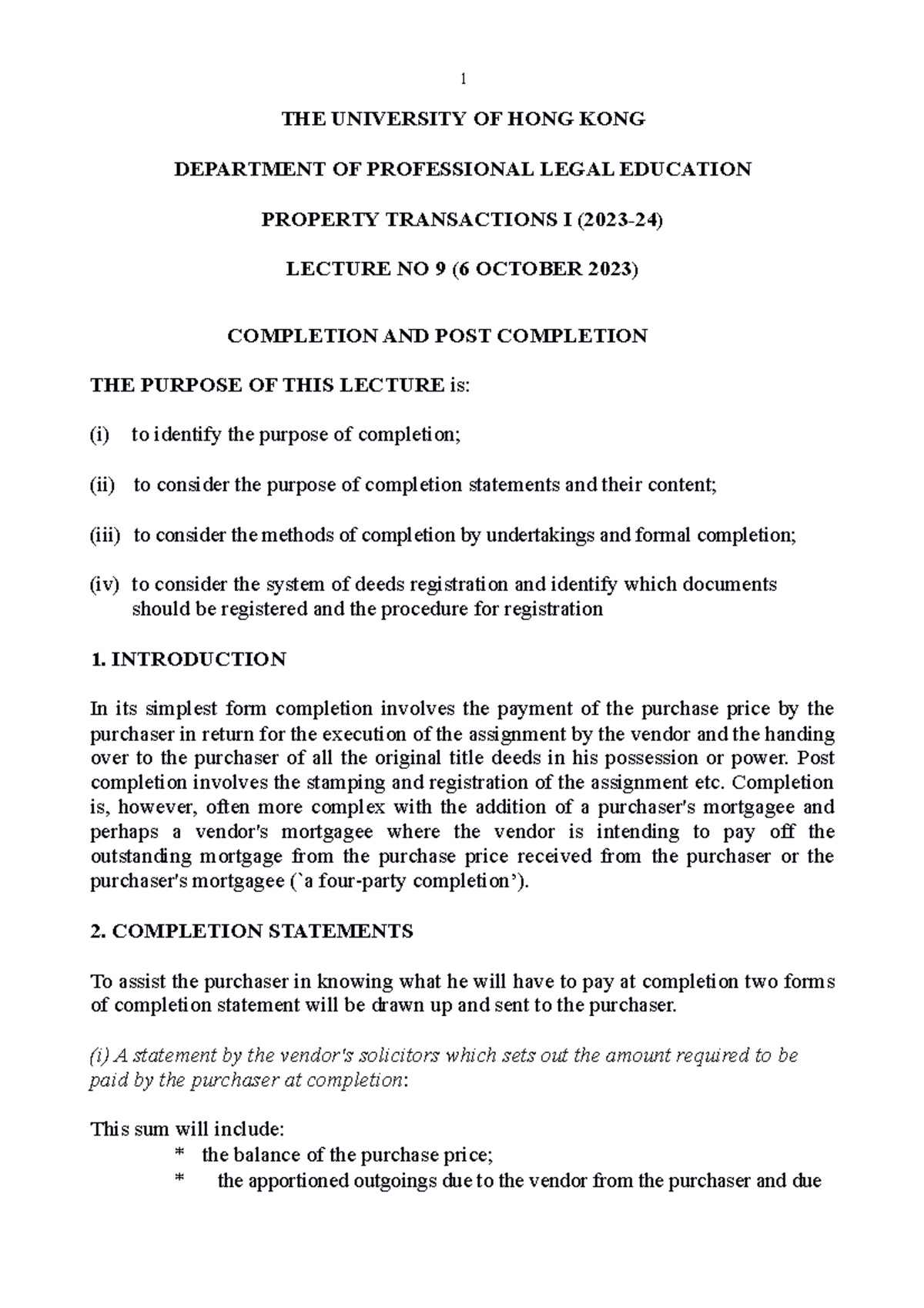 Property Transactions I (2023-24) Lecture 9: Completion & Post ...