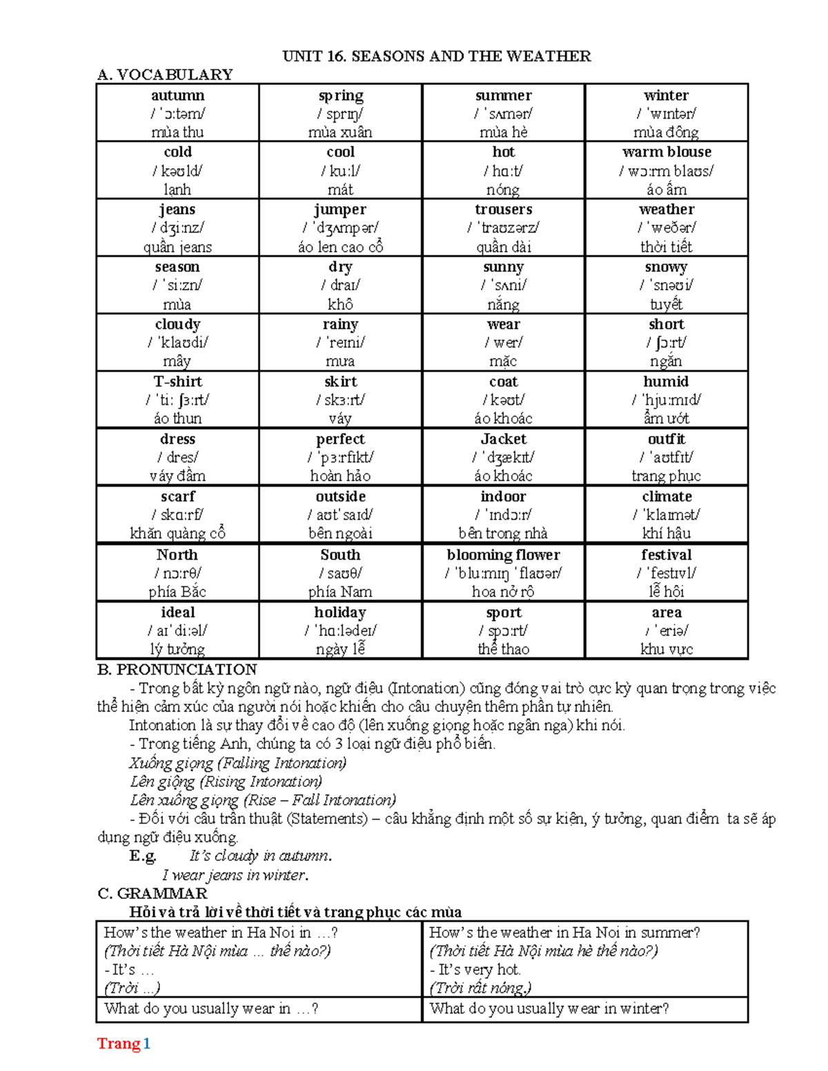 Unit 16: Seasons and Weather Vocabulary & Grammar - Anh 5 - Studocu