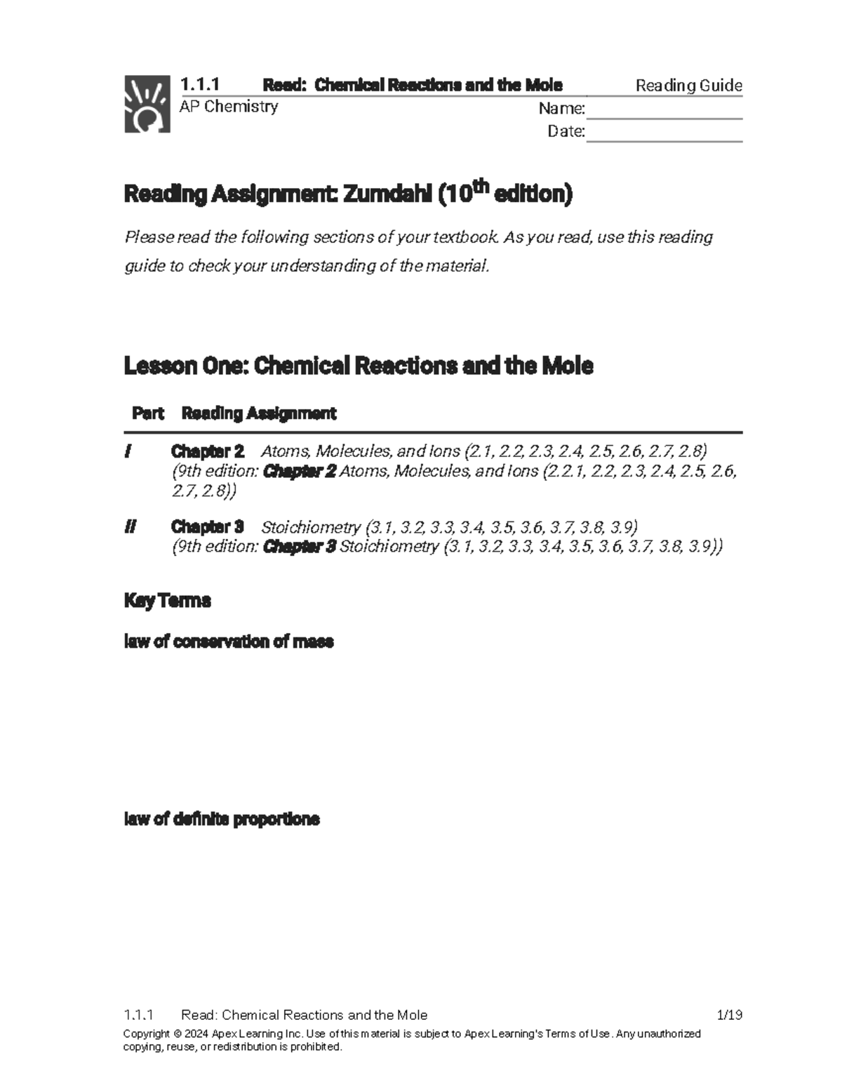 1.1.1 AP Chemistry Reading Guide: Chemical Reactions & the Mole - Studocu
