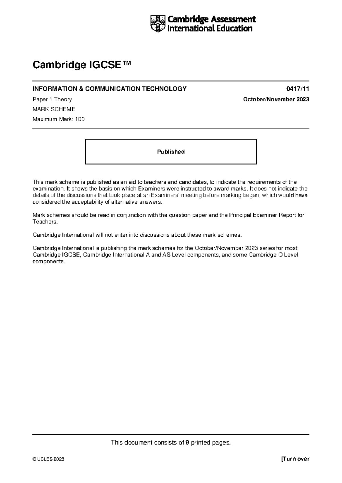 Cambridge IGCSE ICT Paper 1 Theory 2023 Mark Scheme (0417) - Studocu