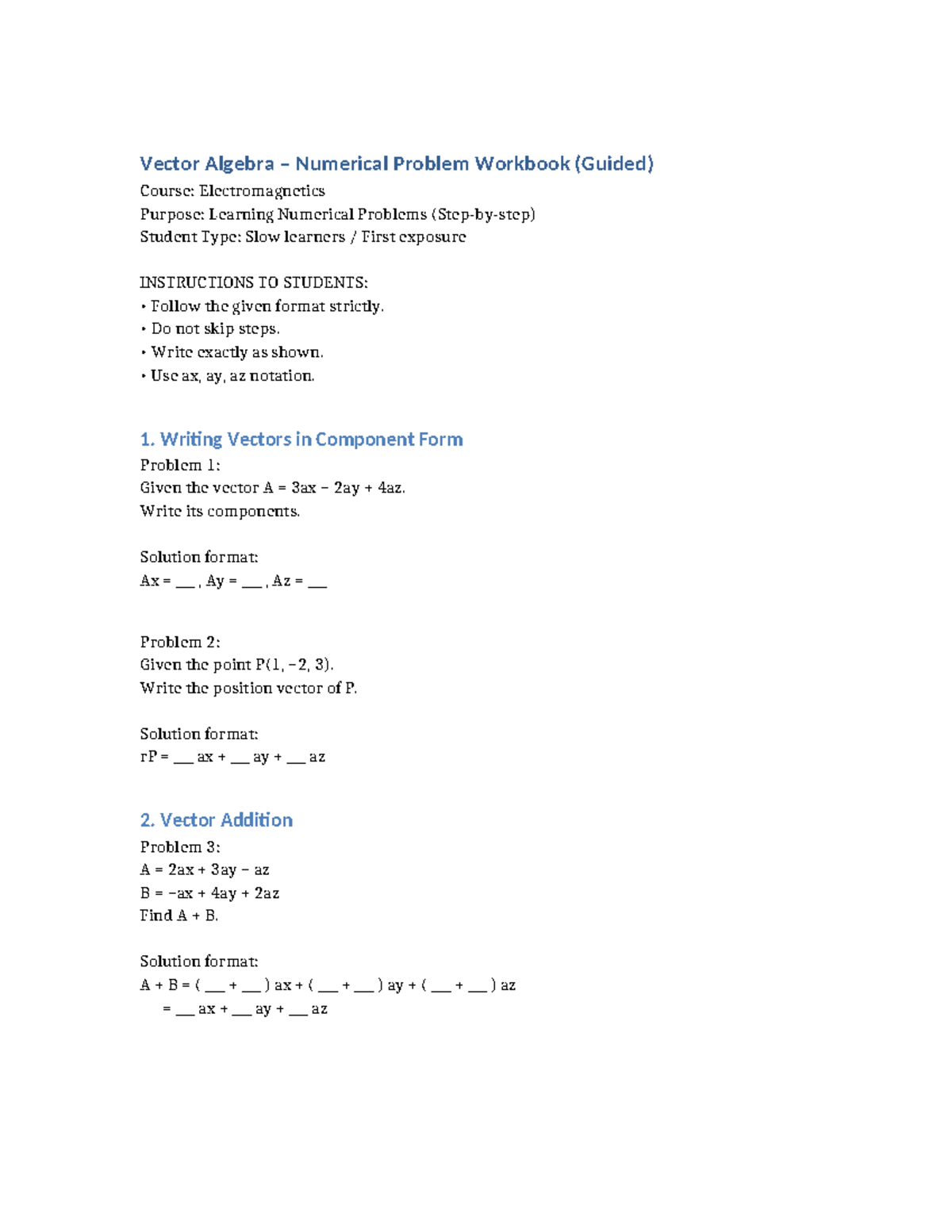 Vector Algebra Numerical Workbook (Guided) for Electromagnetics - Studocu
