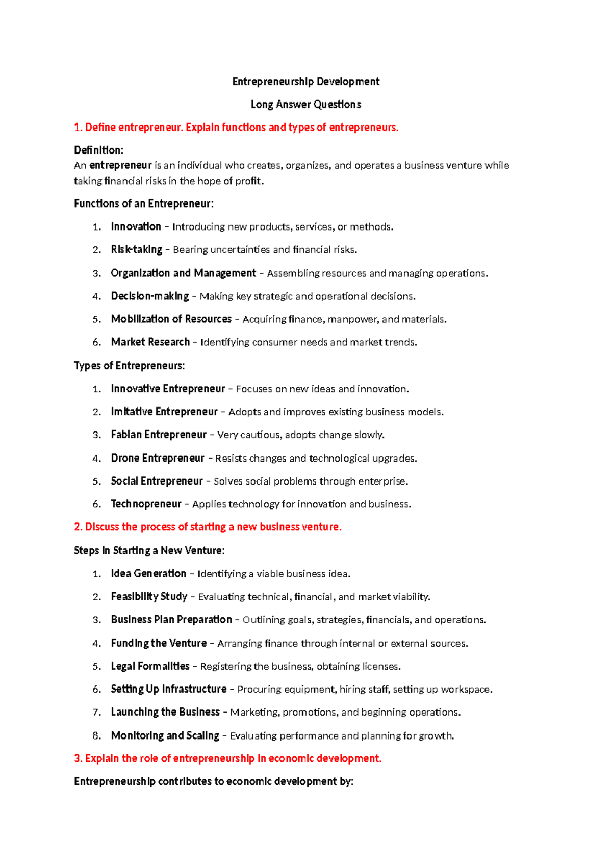 Entrepreneurship Development: Long Answer Questions & Key Concepts ...