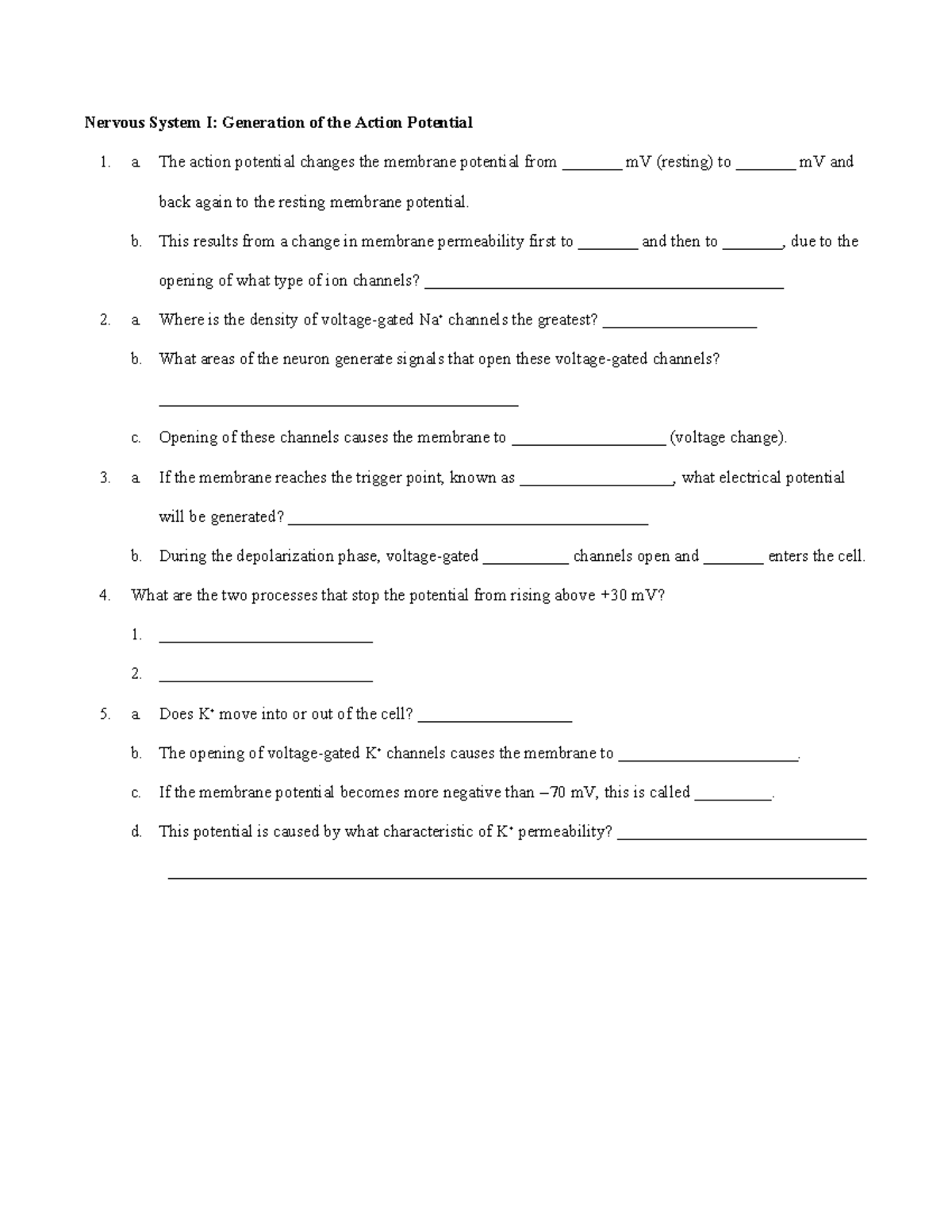 Nervous 1 Worksheet on Action Potential Generation and Mechanisms - Studocu