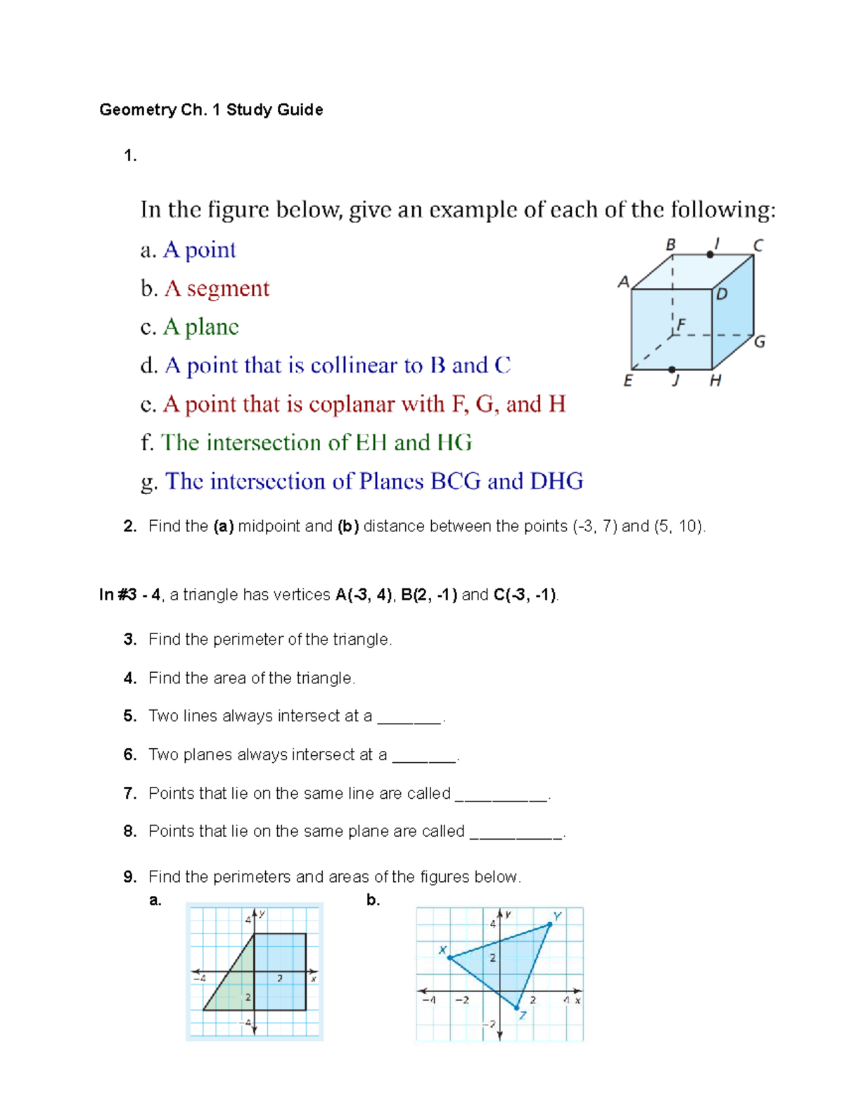 Geometry Ch. 1 Study Guide: Midpoints, Distances, and Areas - Studocu