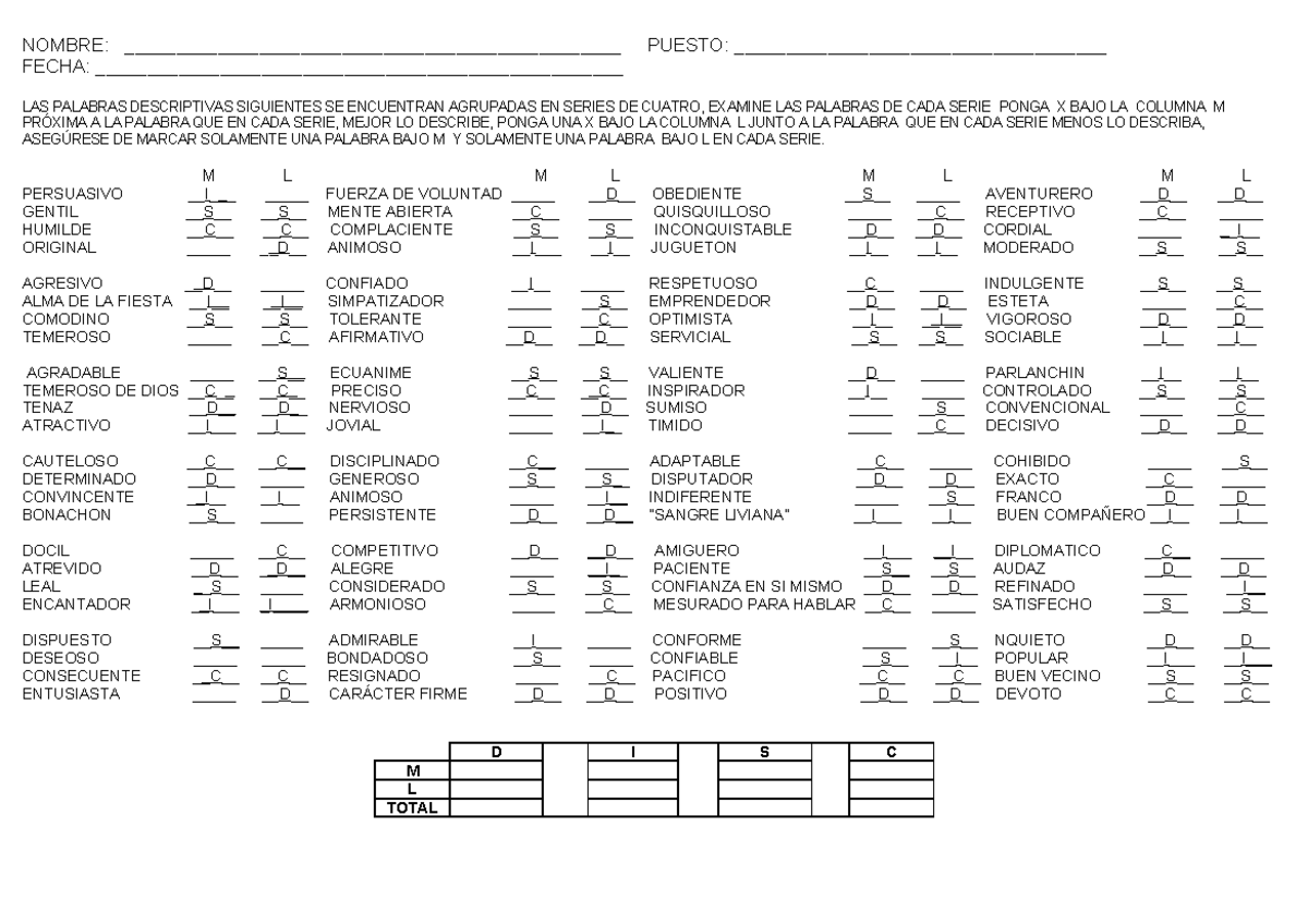 Prueba Cleaver - Evaluación de Descriptores de Personalidad - Studocu
