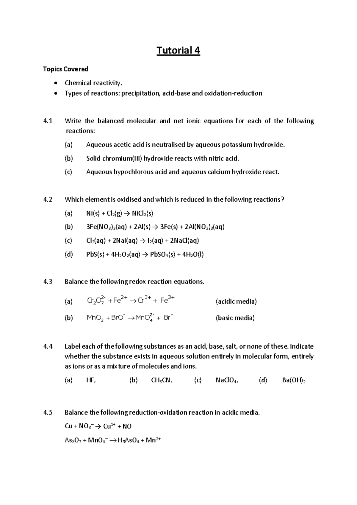 Tutorial 4 - Chemical Reactivity & Reaction Balancing - Studocu
