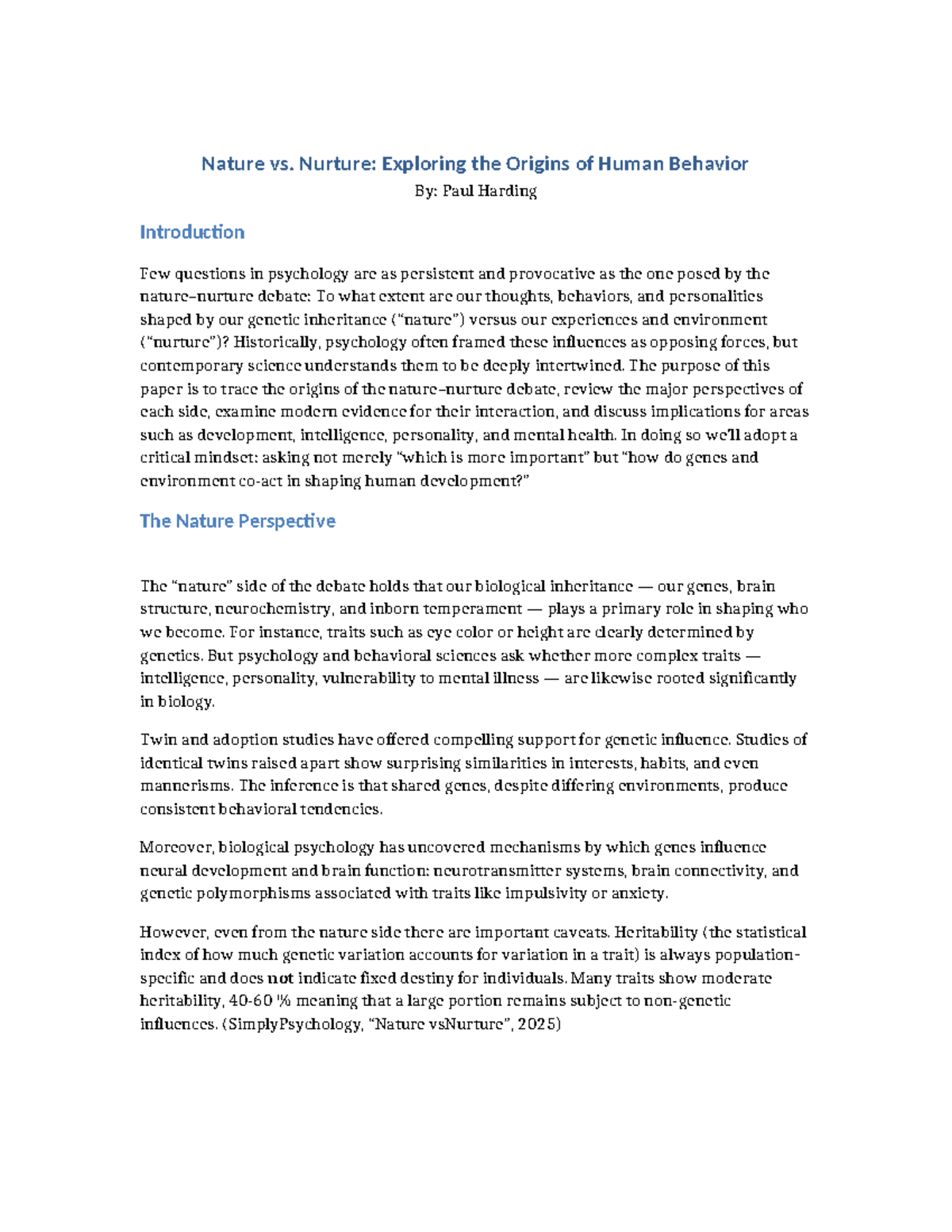 Nature vs. Nurture: A Comprehensive Analysis of Human Behavior - Studocu