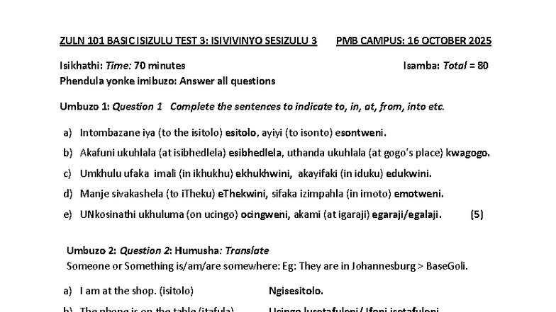 ZULN 101 BASIC ISIZULU TEST 3: MODEL ANSWERS 2025 - Studocu