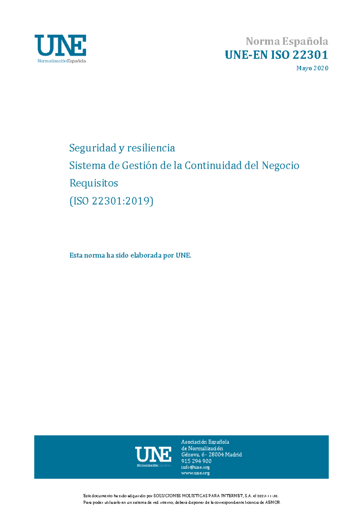 Norma UNE-EN ISO 22301:2020 - Gestión de la Continuidad del Negocio - Studocu