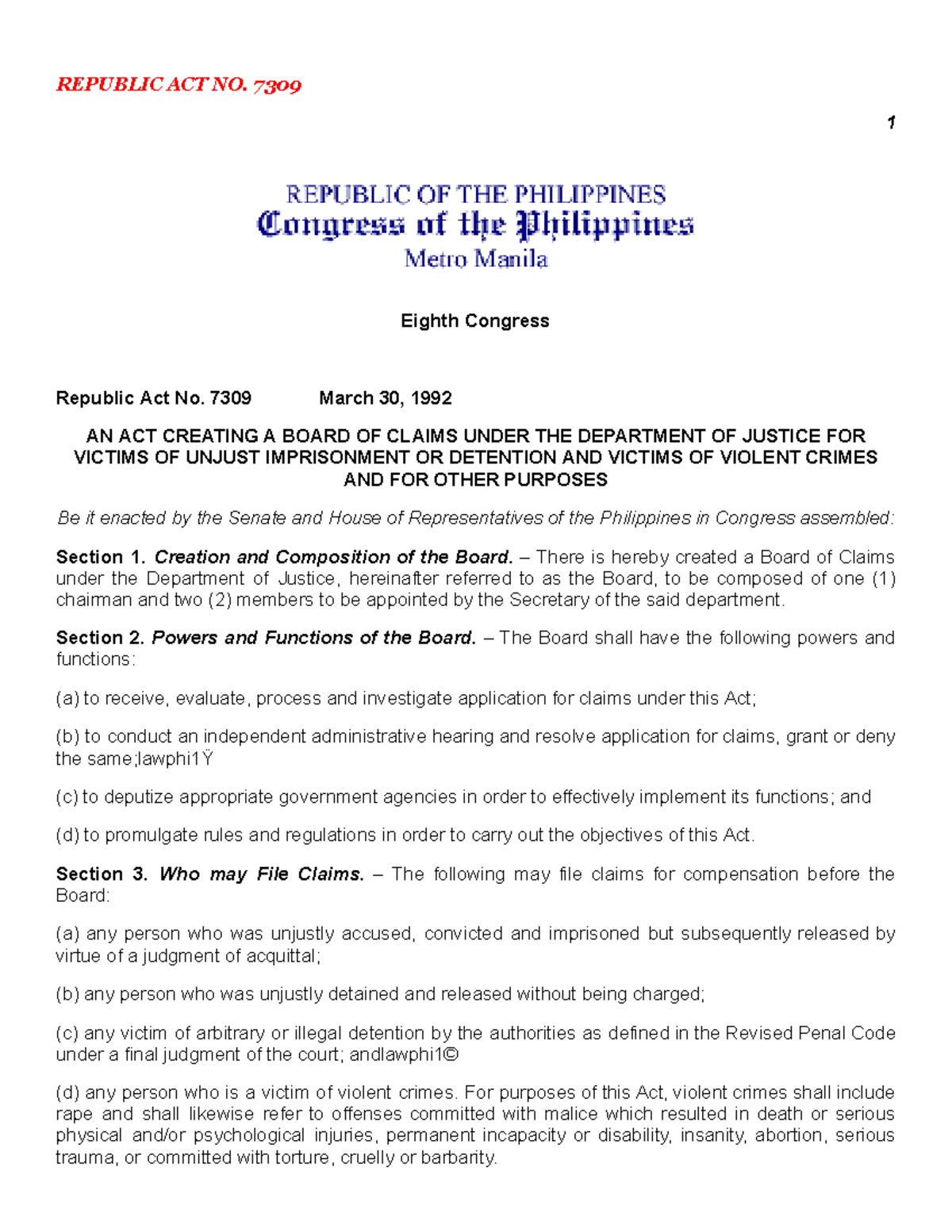 Republic Act No. 7309: Board of Claims for Victims of Crimes - Studocu