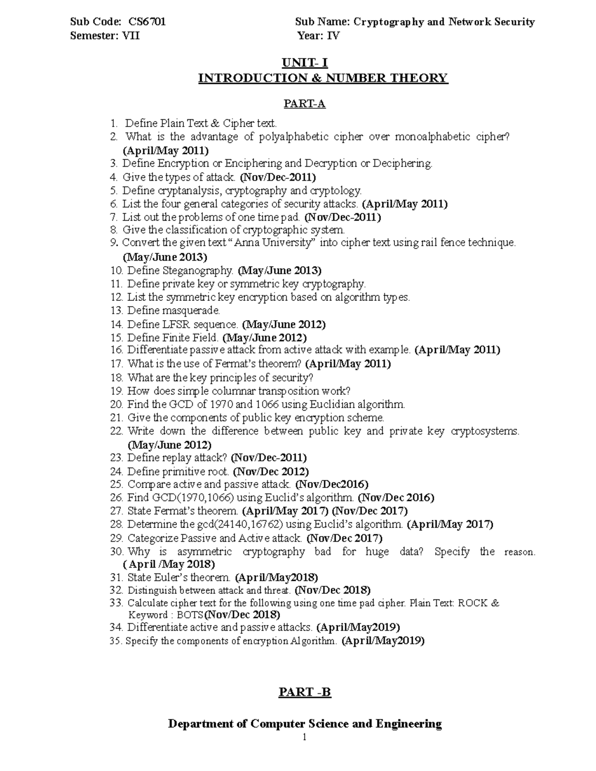 1. CS6701 Cryptography AND Network Security Question BANK 2019 - Semester: VII Year: IV UNIT- I ...