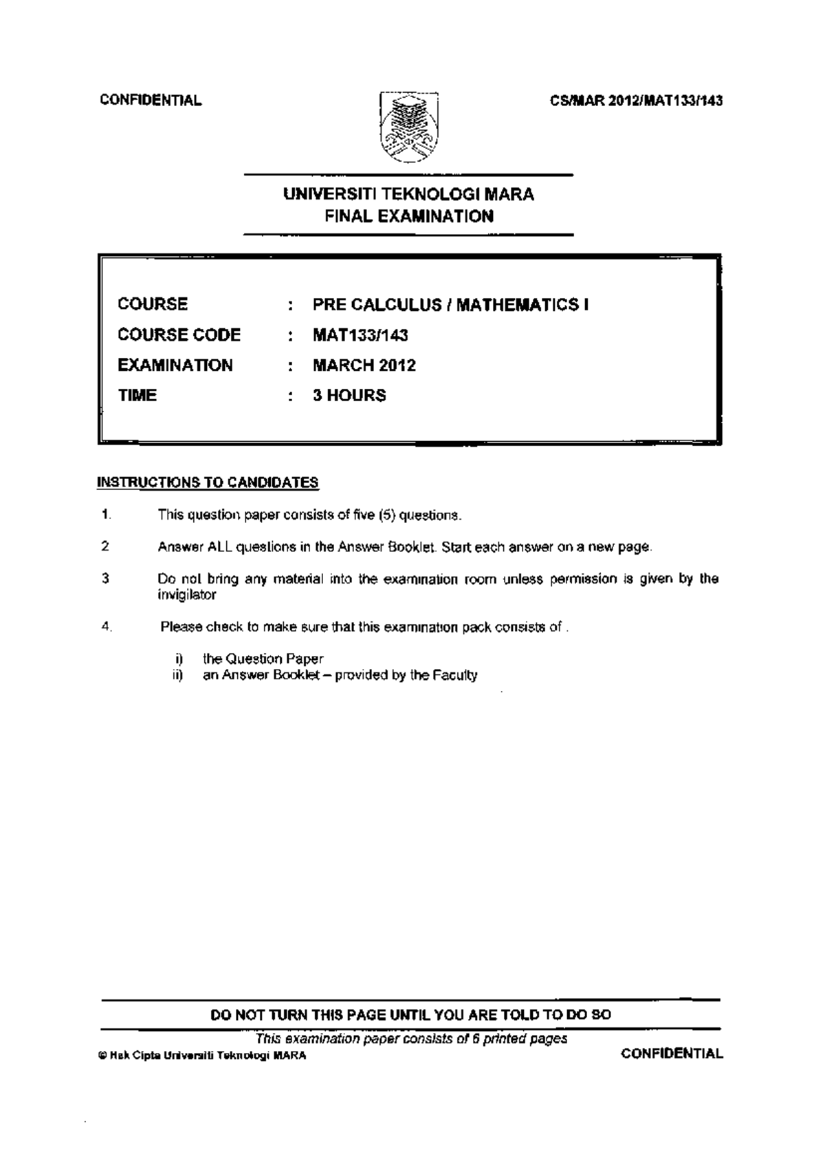 Mat133 Pre Calculus Past Year Qs Pre Calculus Uitm Studocu